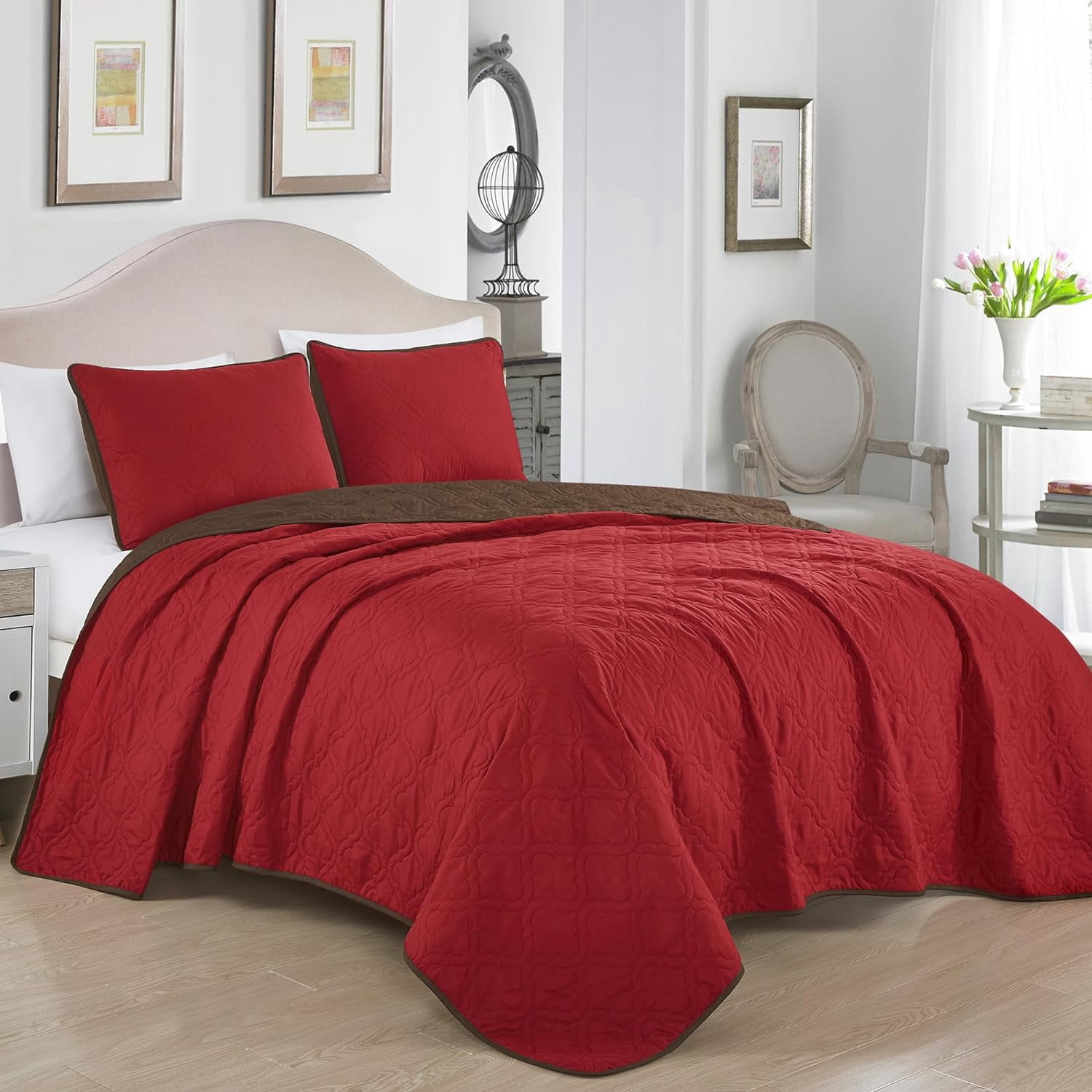 ESCA 3-Piece Elrad Red Bedspread Set Queen Size Reversible Quilt ...