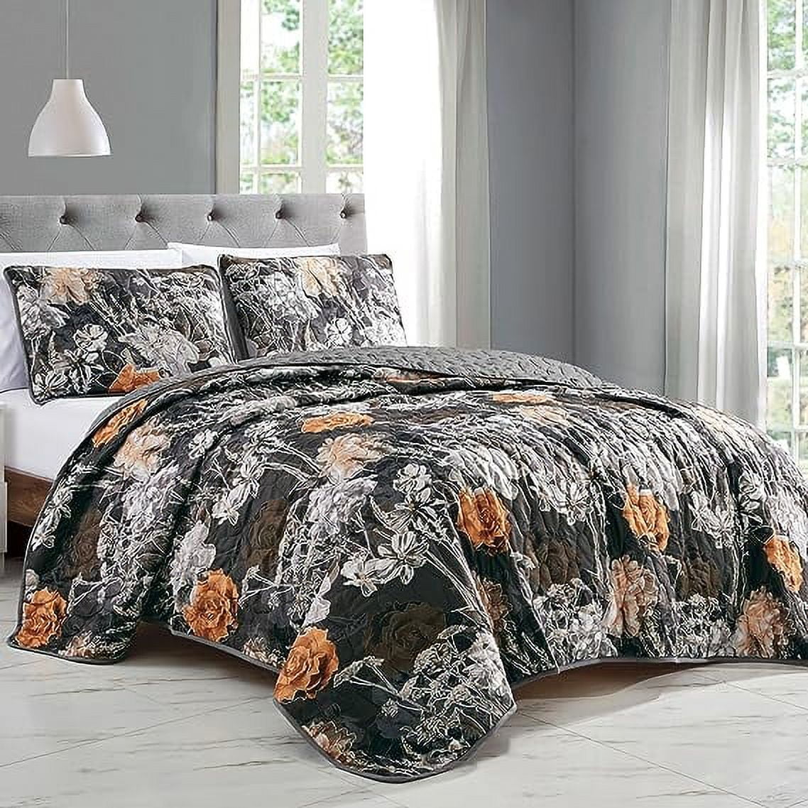 ESCA Beautiful 3-Piece Bedding Set, Floral Black Orange Helbah ...