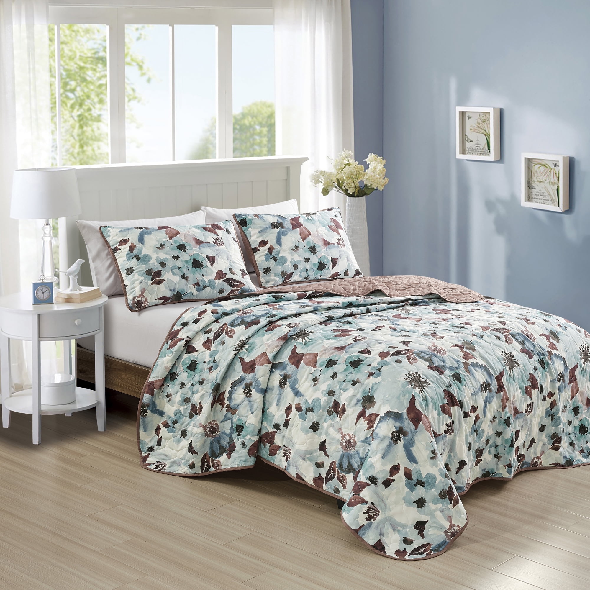 ESCA 3-Piece Nalla Blue Watercolor Floral Bedspread Set with 2 Pillow ...