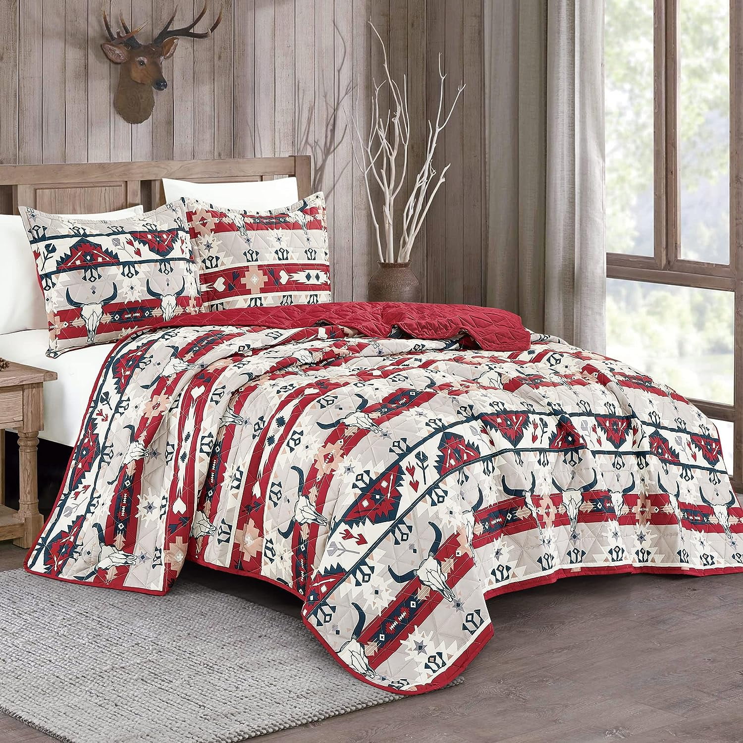 ESCA 3-Piece Red Blue Buffalo Bull Skull Southwestern Mazhira Quilt Set ...