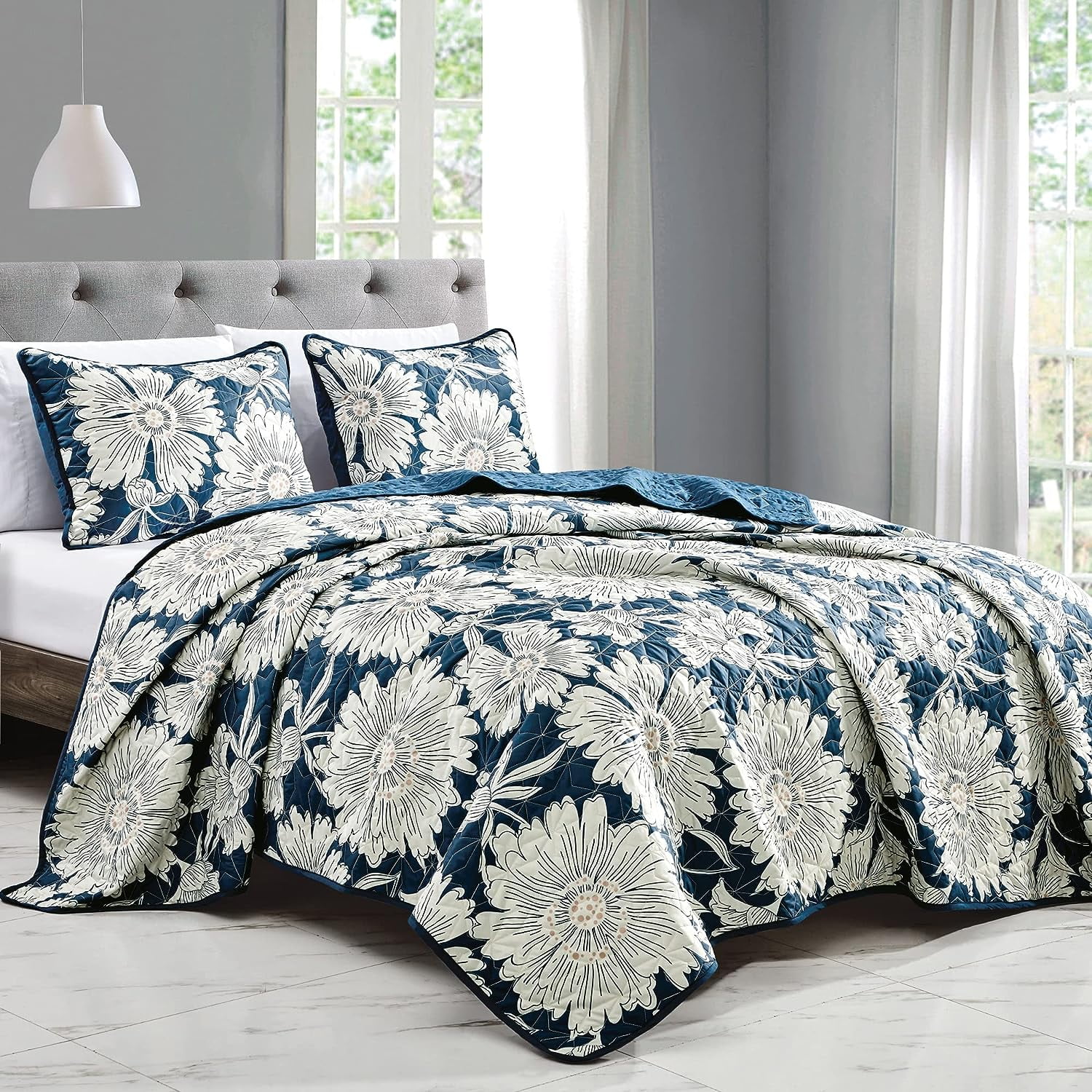 ESCA 3-Piece White and Teal Duo Floral ASIRA Reversible Quilt Set ...