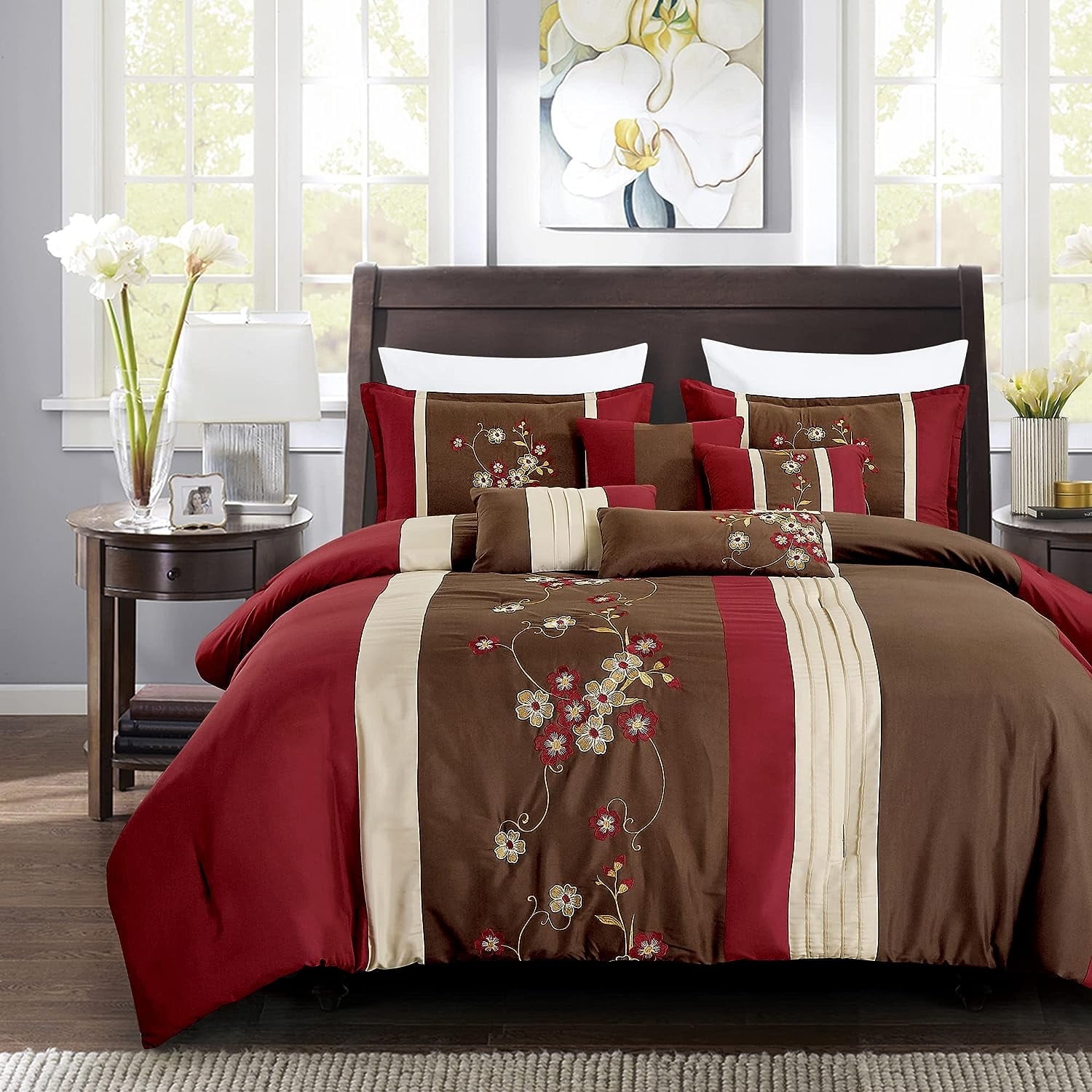 ESCA 7-Piece Coira Brown Red Floral Embroidery Pintuck Comforter ...