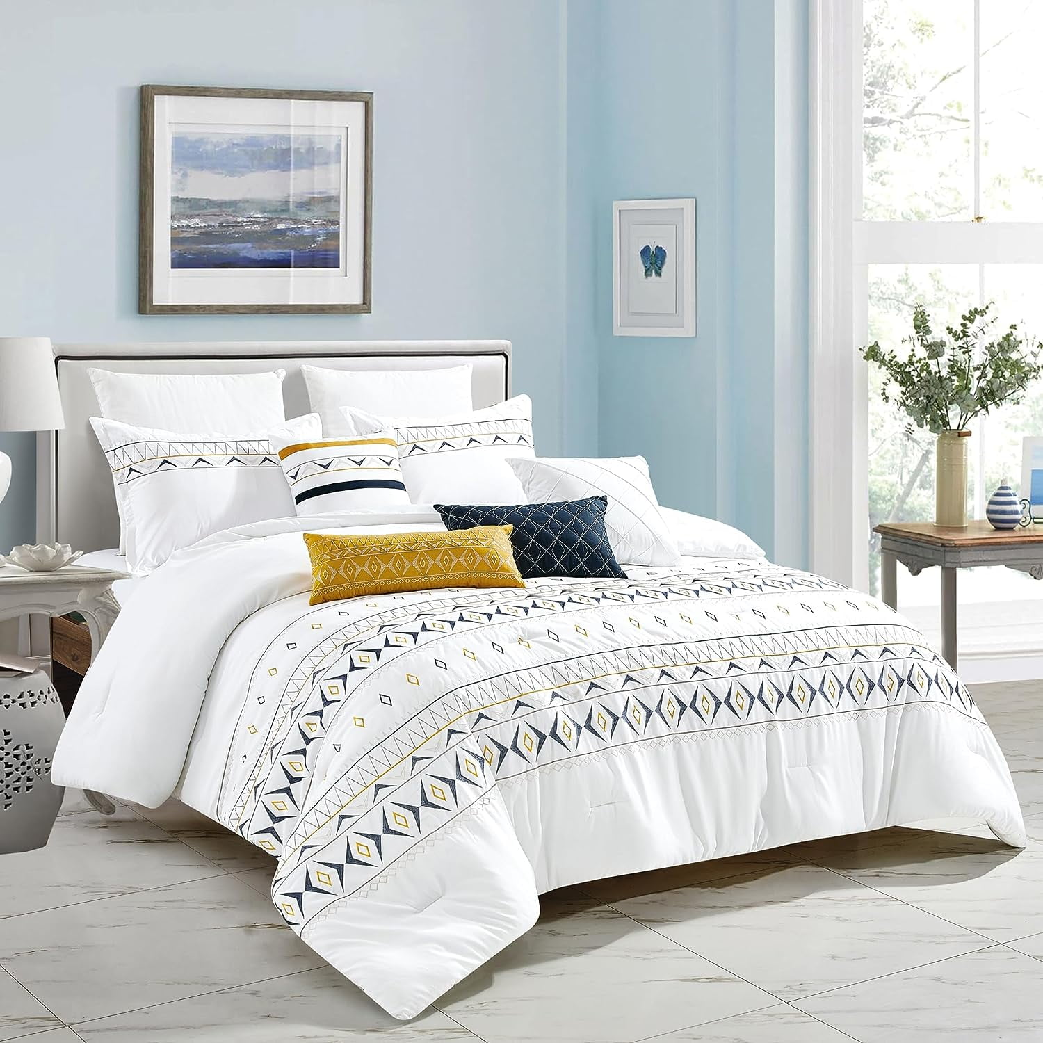 ESCA 7-Piece Datya Gold & Blue Embroidery Comforter Set Breathable, All ...