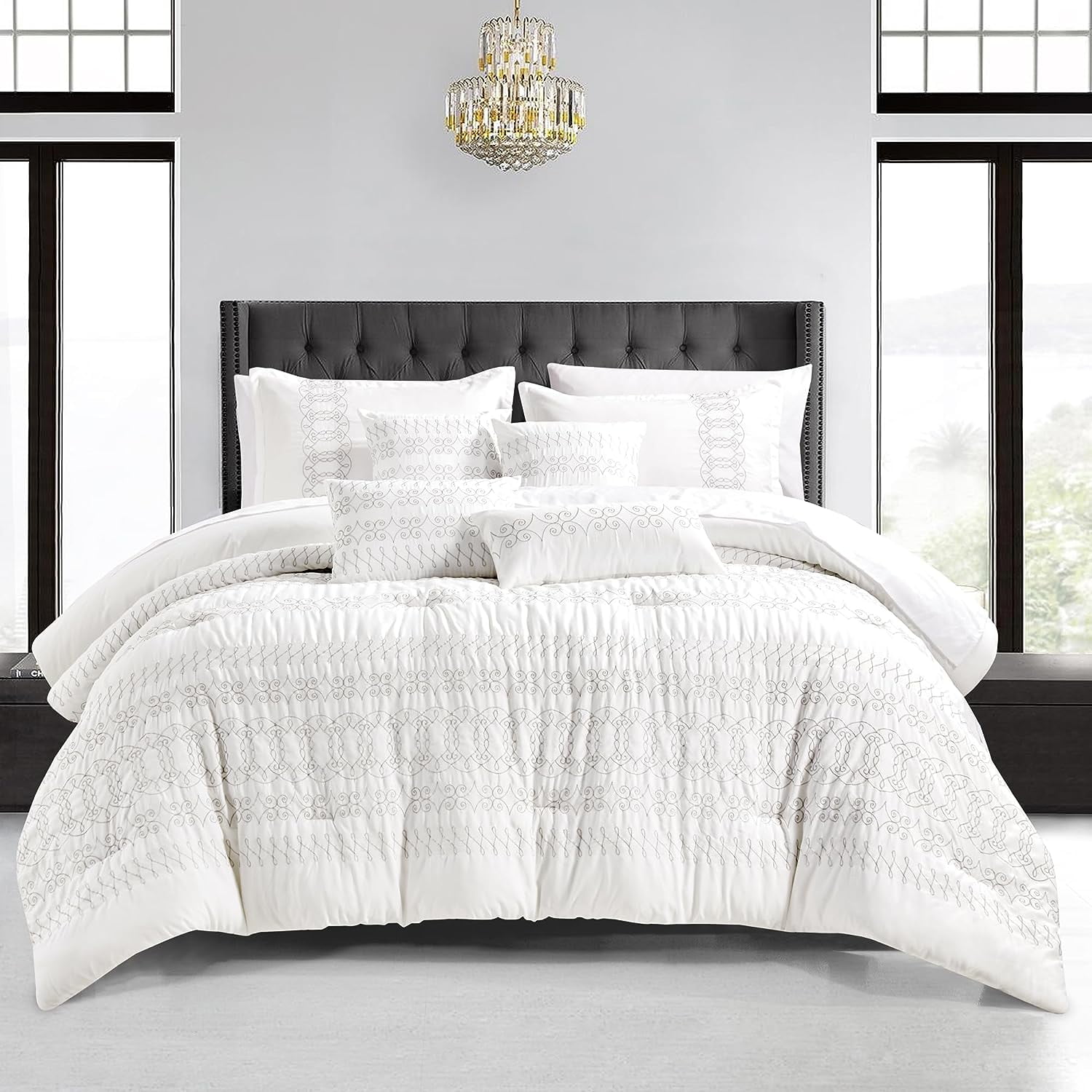 ESCA 7-Piece Gabbatha Silver & White Embroidery Comforter Set ...