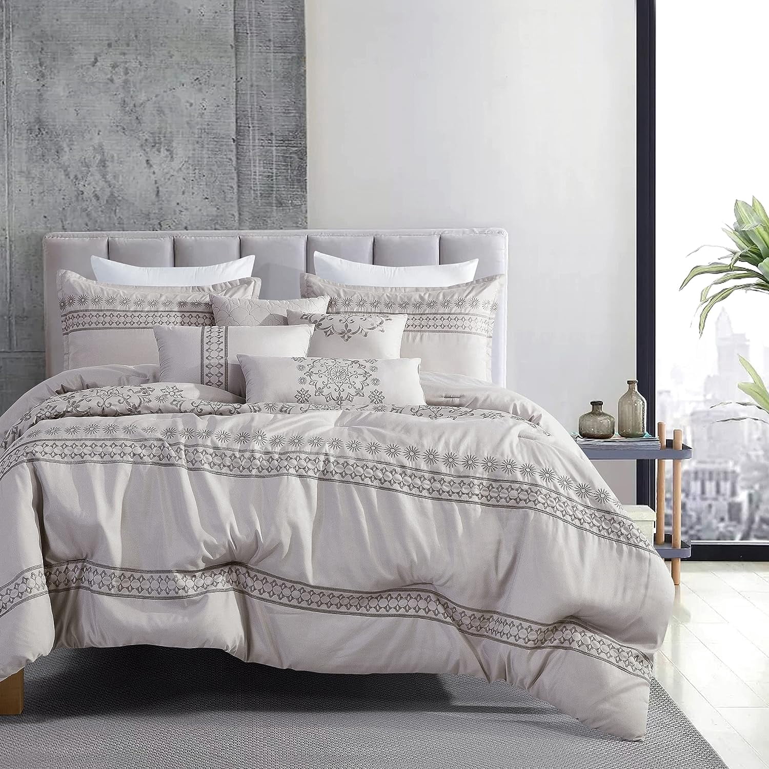 ESCA 7-Piece Harla Greige Comforter & Sheet Set Bedding Set Breathable ...