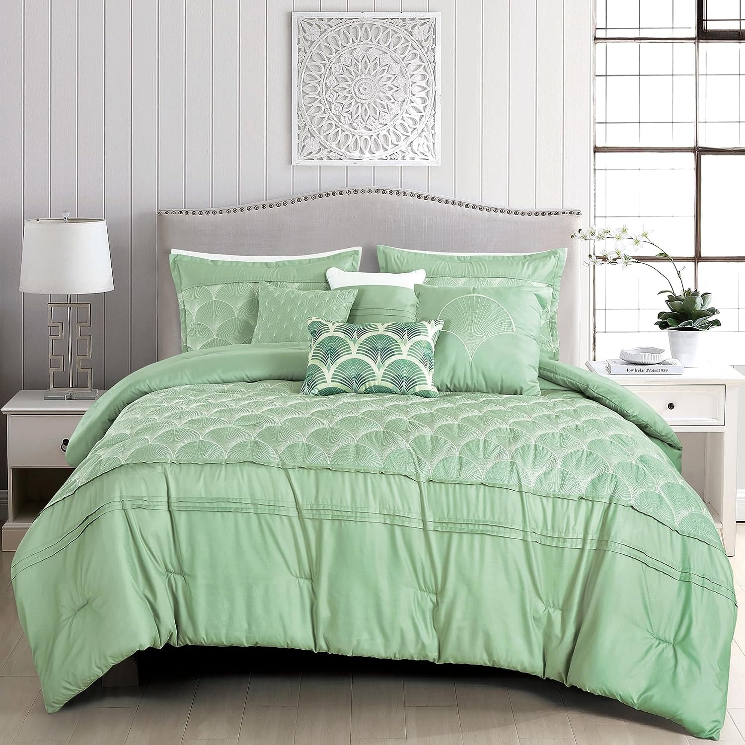 ESCA 7-Piece Harlow Apple Green Embroidery Comforter Bedding Set - OEKO ...