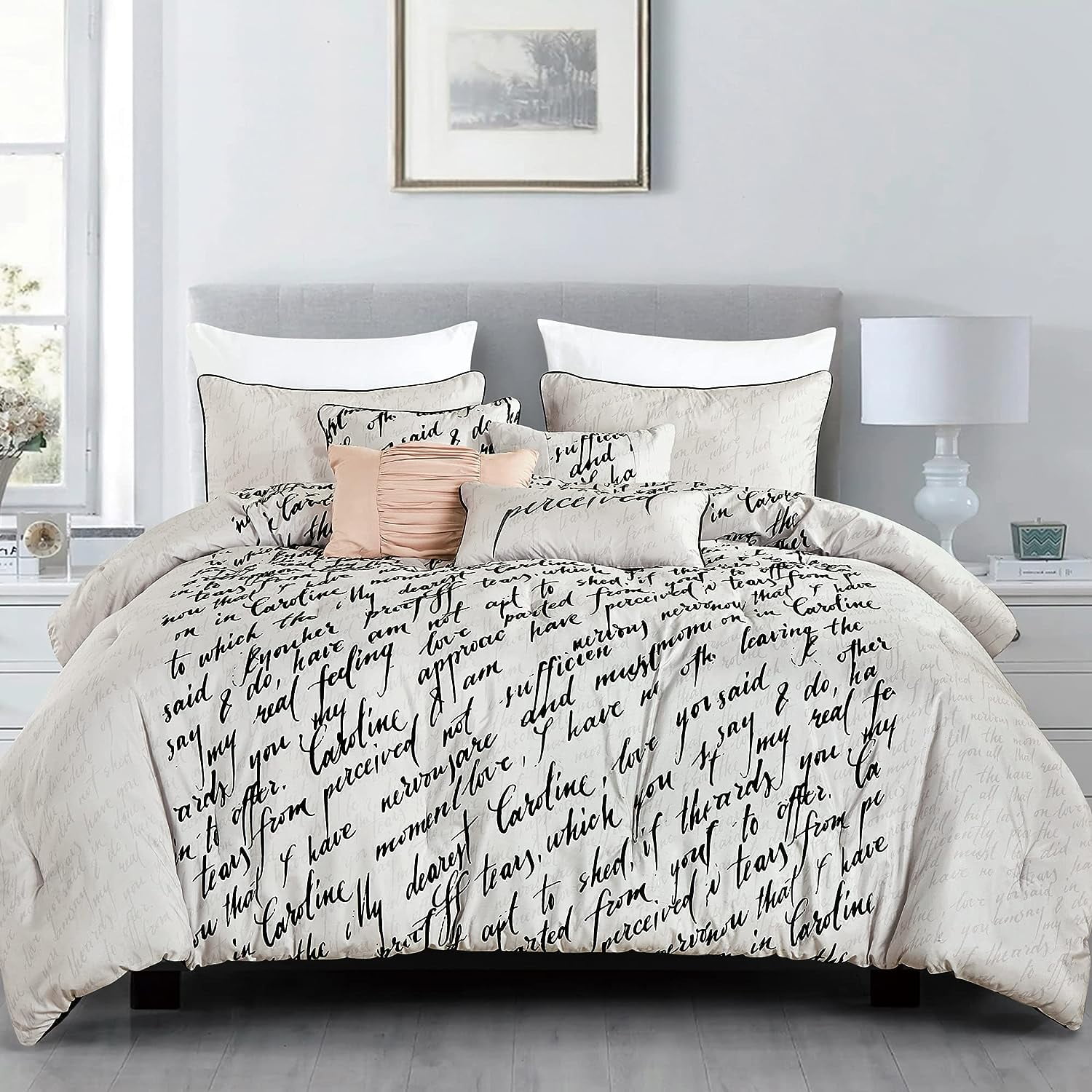 ESCA 7-Piece Imelda Beige Inspirational Flocking Comforter Bedding Set ...