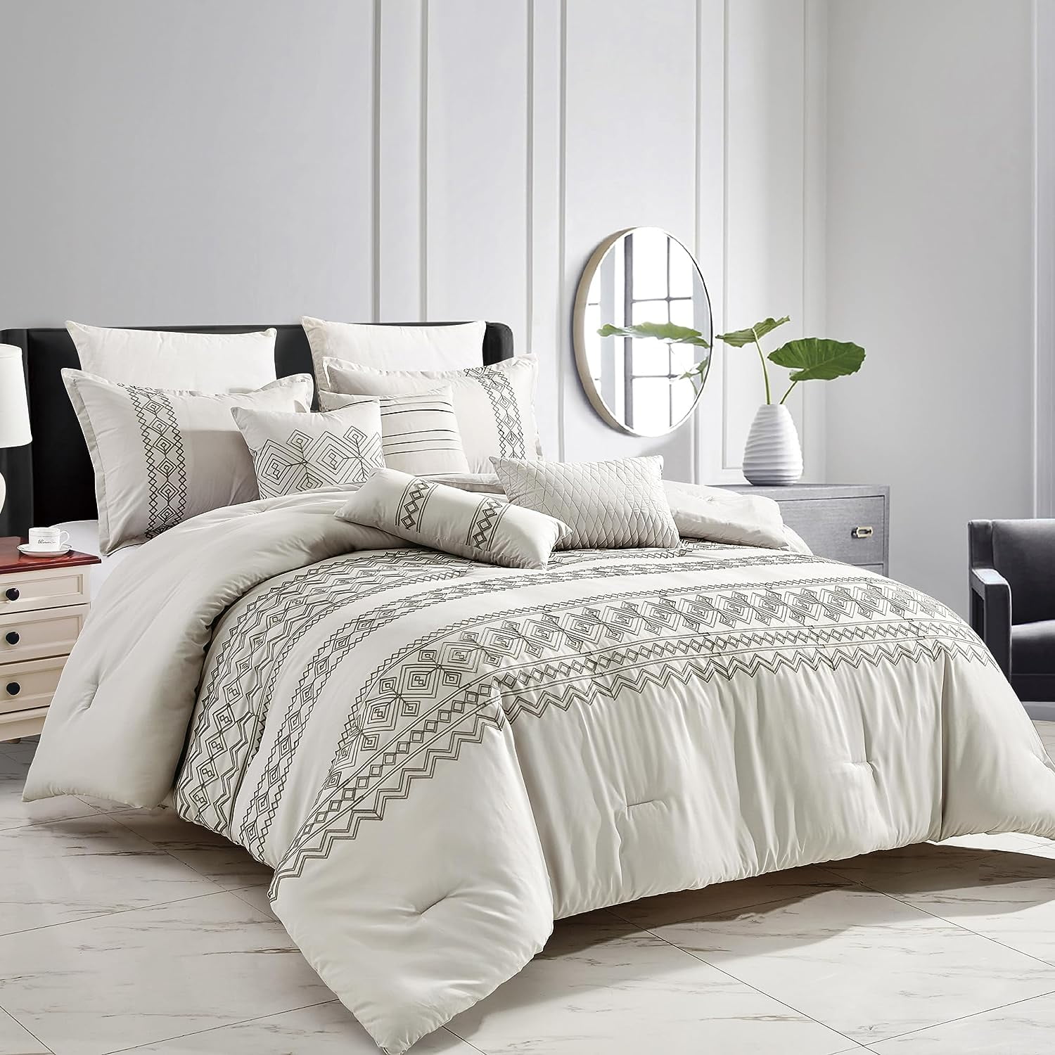 ESCA 7-Piece Comforter Bedding Set, Pale Gray Embroidery, OEKO-TEX ...