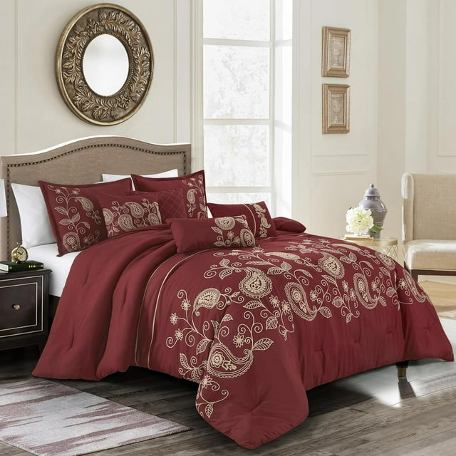 ESCA 7-Pieces Burgundy Comforter Set - Queen Size, Paisley Embroidery ...