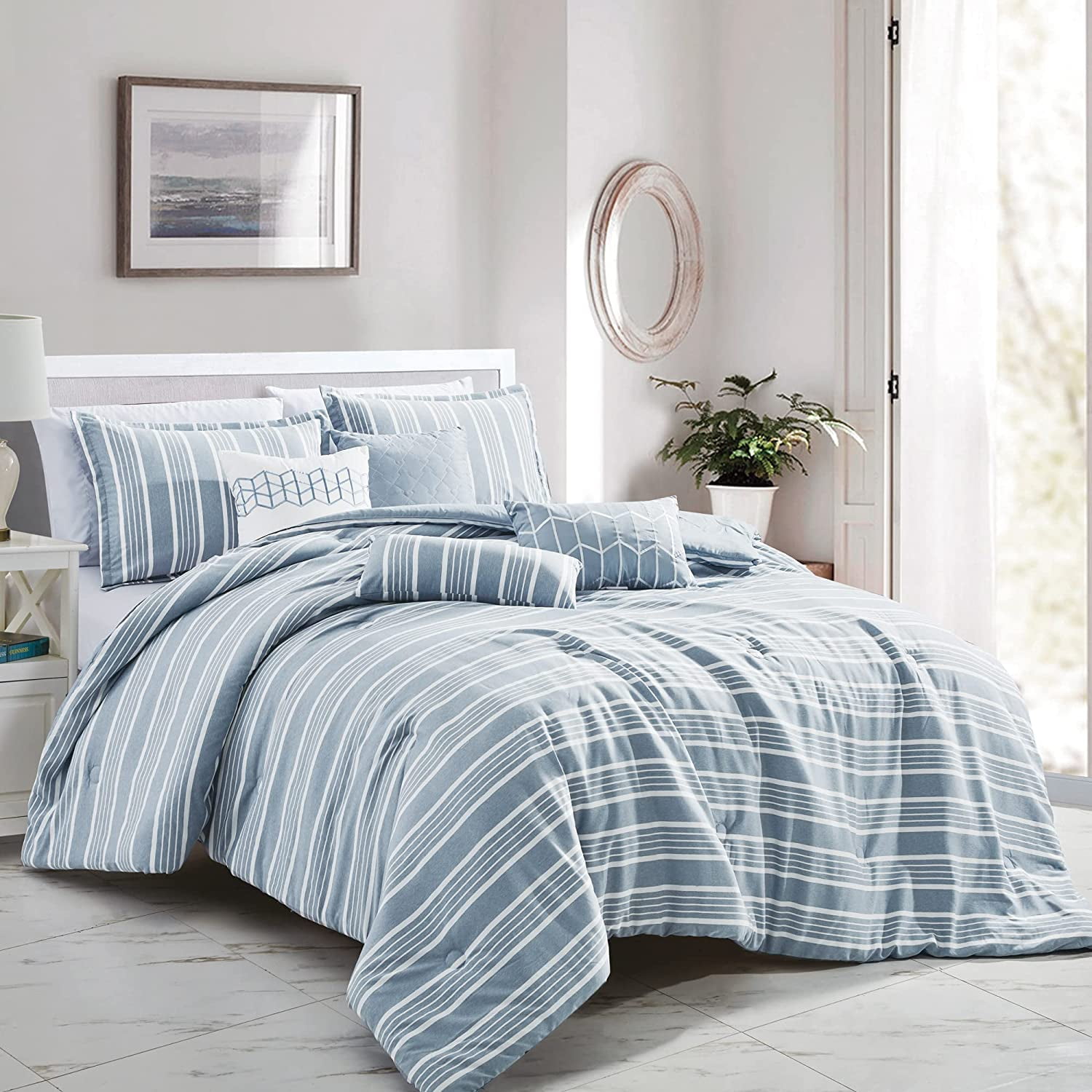 ESCA 7-Piece Juda Yarn Dyed Blue White Striped Comforter & Sheet Set ...