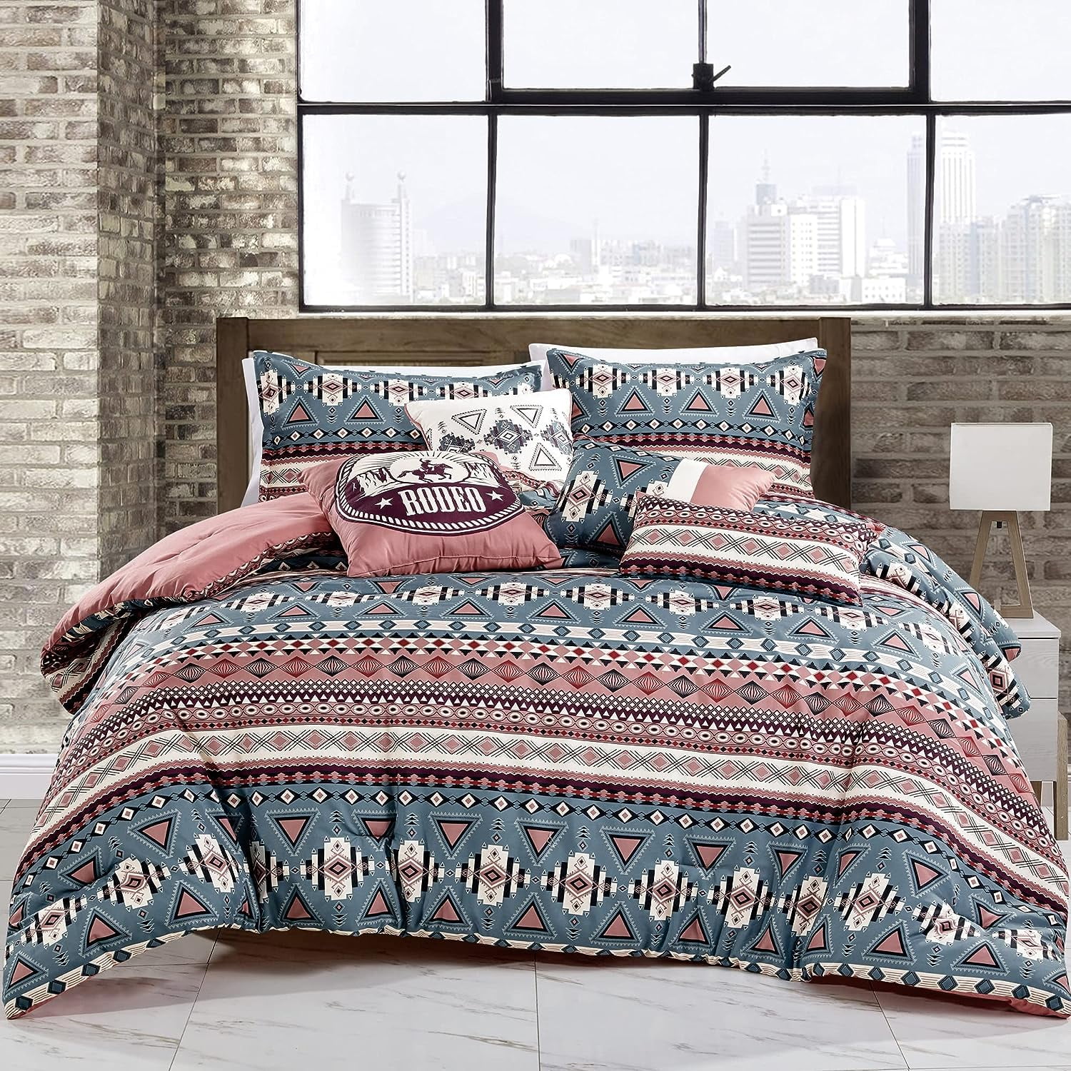 ESCA 7-Piece Kyla Teal Pink Southwestern Design Comforter Bedding Set ...