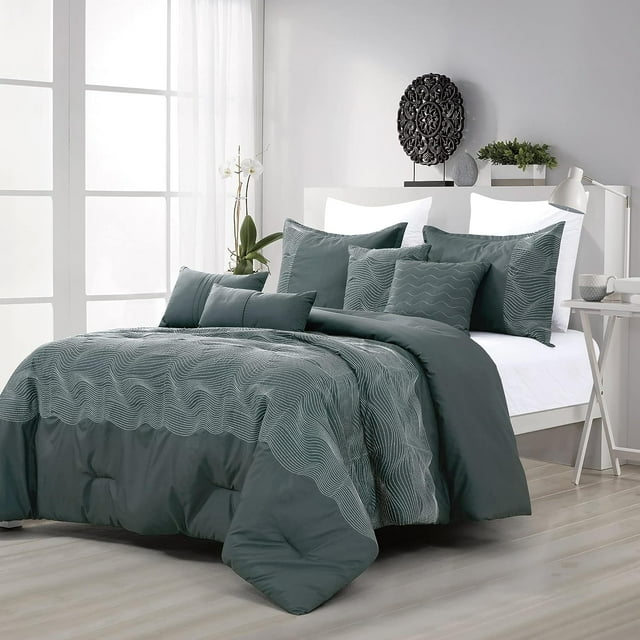 ESCA 7-Piece Lena Dark Teal Embroidery Comforter Bedding Set - OEKO-TEX ...