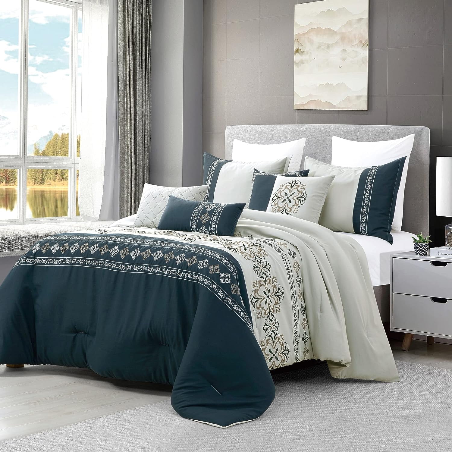 ESCA 7-Piece Levana Teal & Gray Embroidery Comforter Bedding Set - OEKO ...