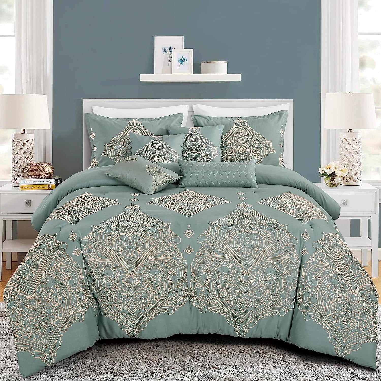 ESCA 7-Piece Lycoris Teal Comforter & Sheet Set Bedding Set Breathable ...