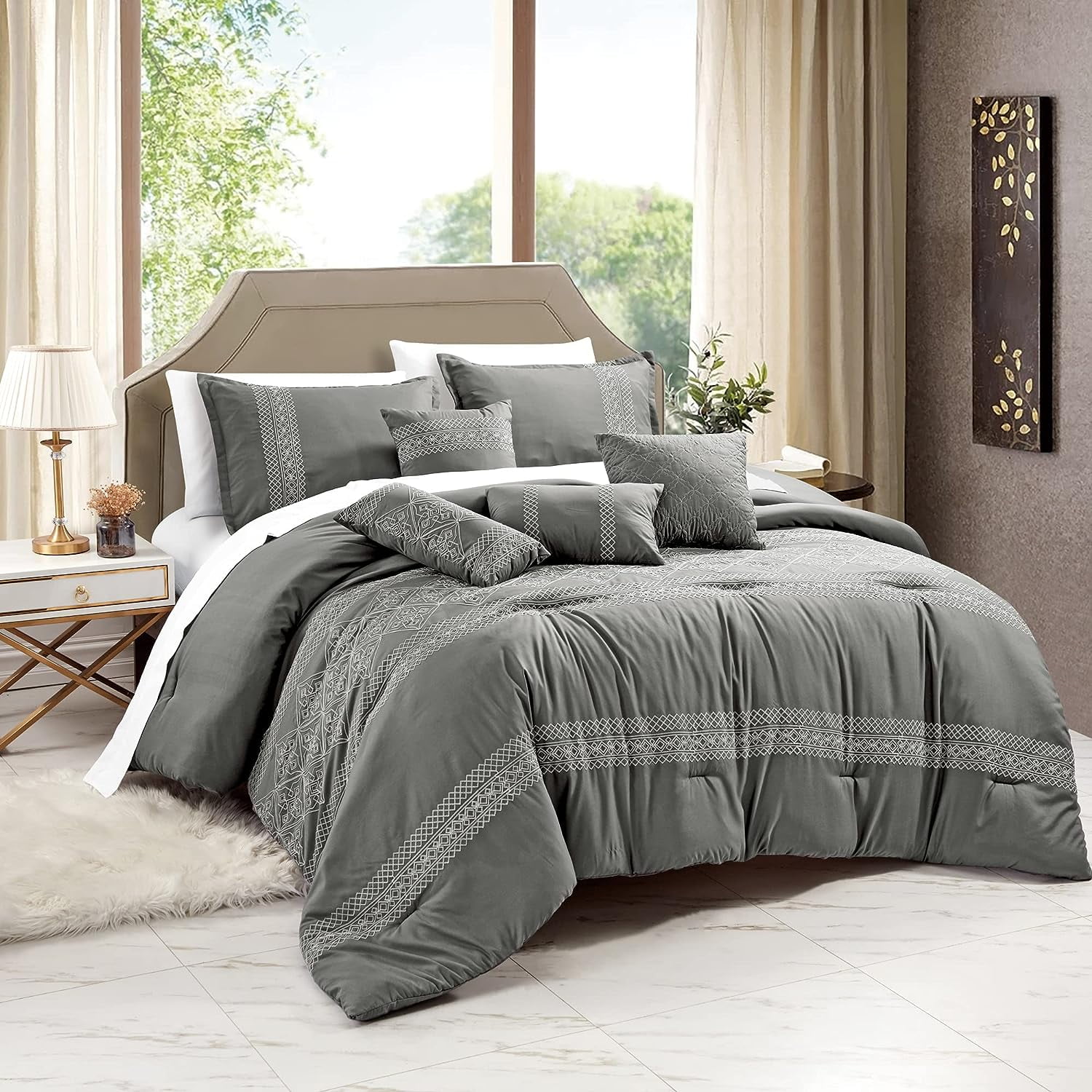 ESCA 7-Piece Marcail Pure Gray Embroidery Comforter Bedding Set OEKO ...