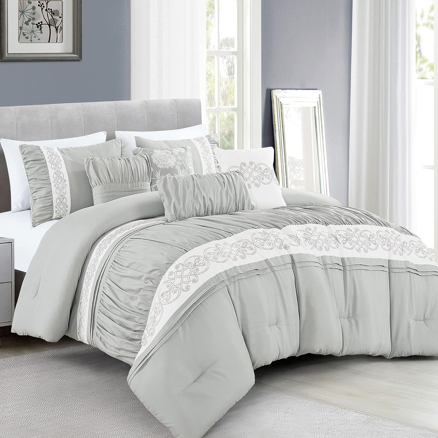 ESCA 7-Piece Maxine Gray White Pintuck & Pleated Comforter Bedding Set ...