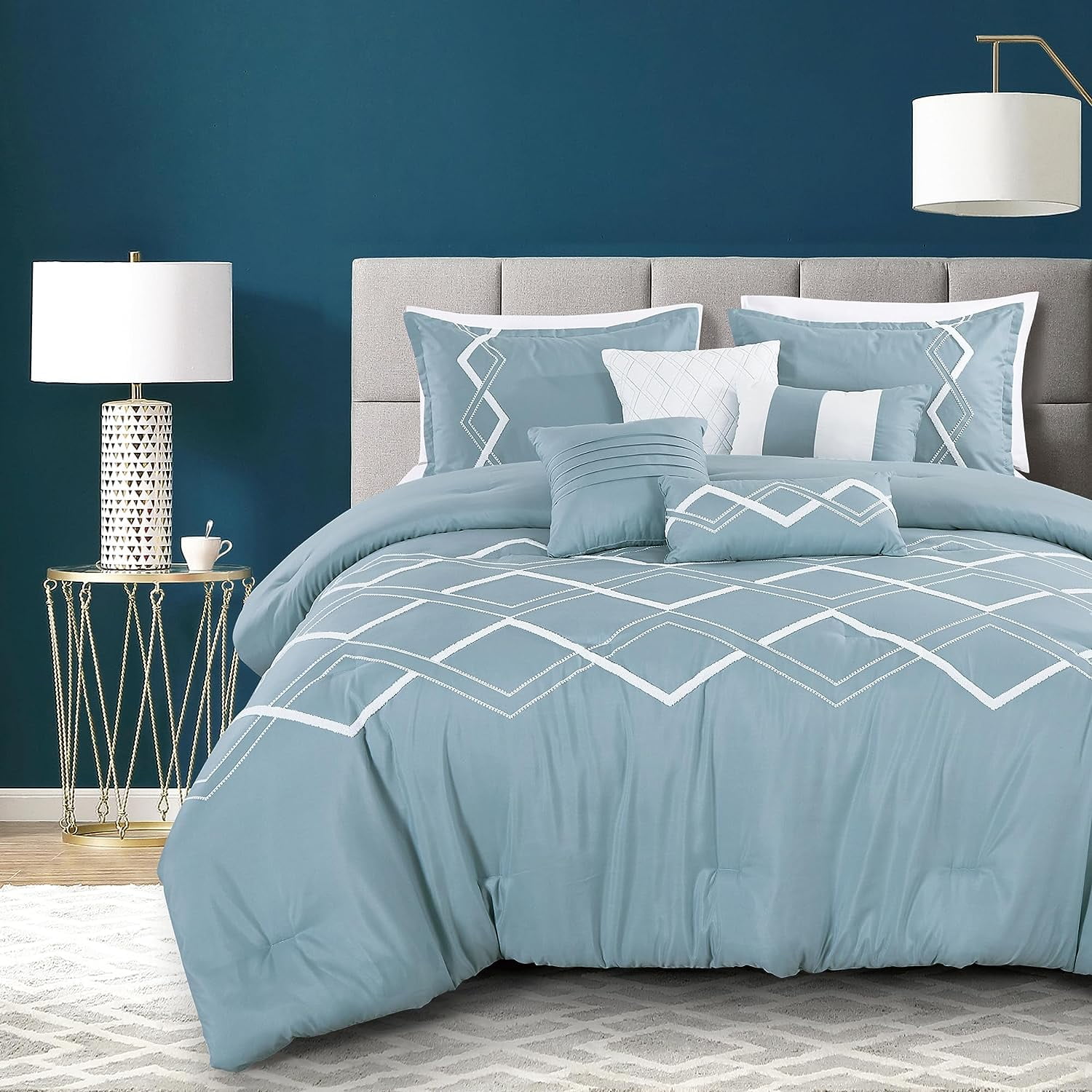 ESCA 7-Piece Meara Sky Blue Embroidery Comforter Set Breathable, All ...