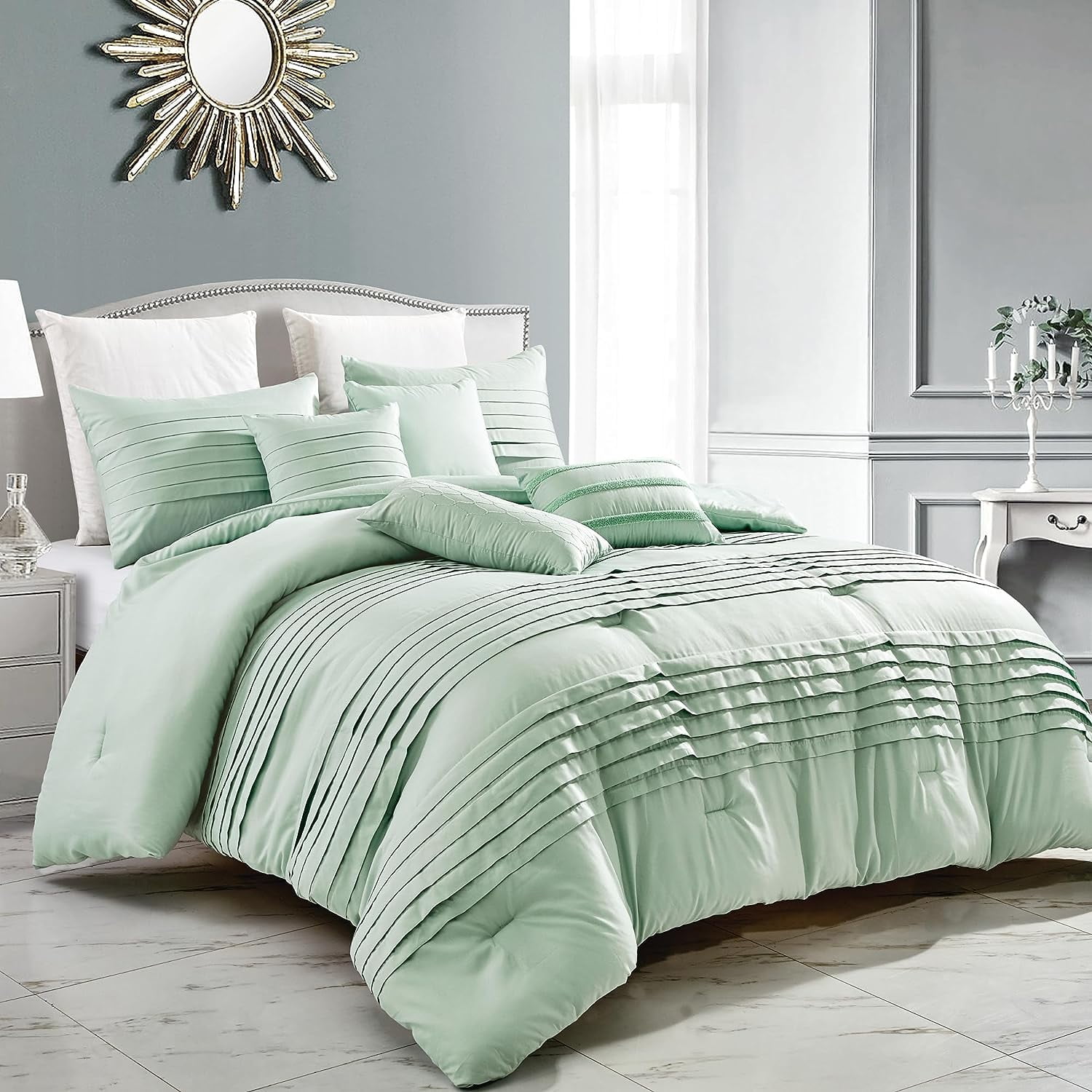 ESCA 7-Piece Sally Appl Green Pintuck Comforter Bedding Set - OEKO-TEX ...