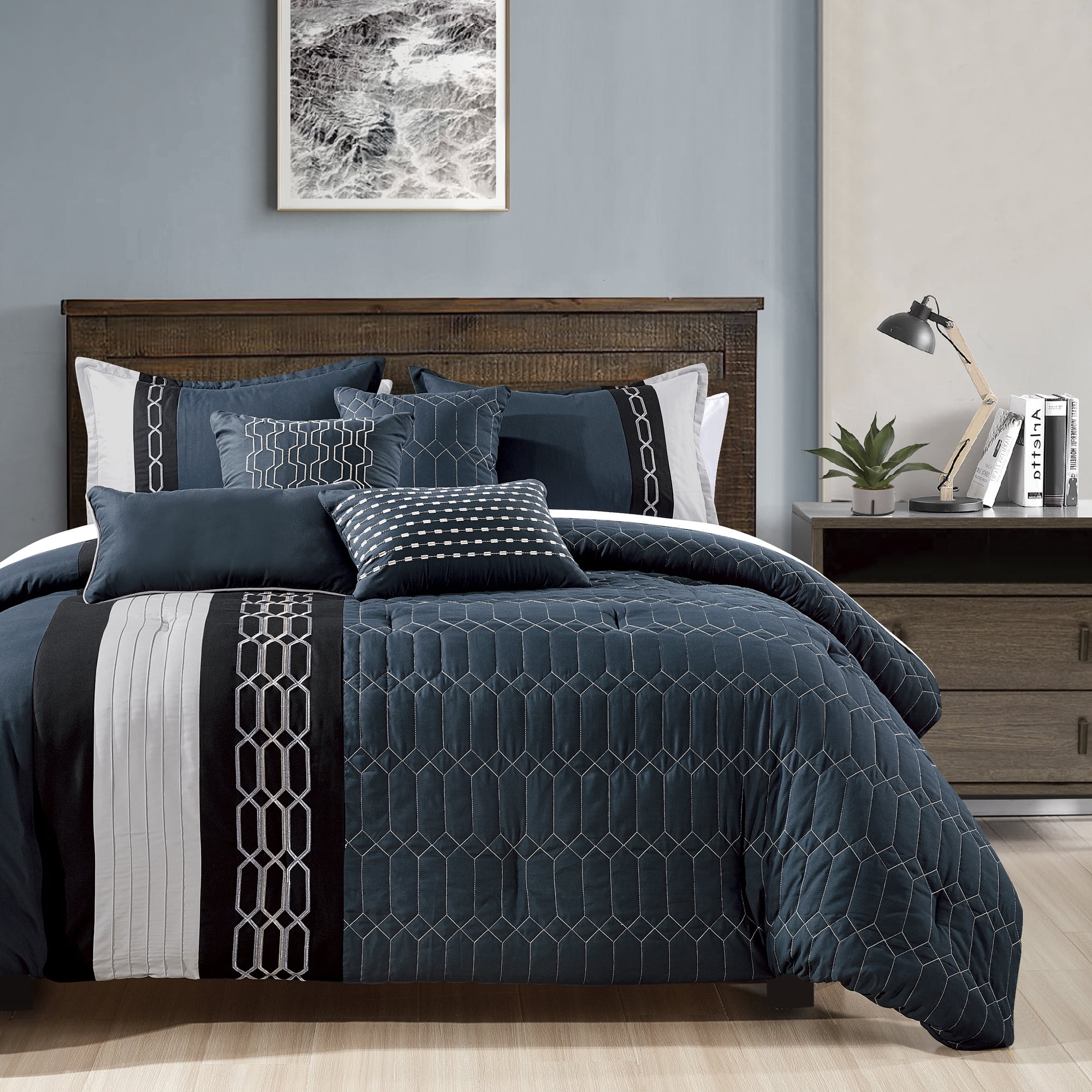 ESCA 7-Piece Septima Blue Geometric Comforter Set - Queen Size ...