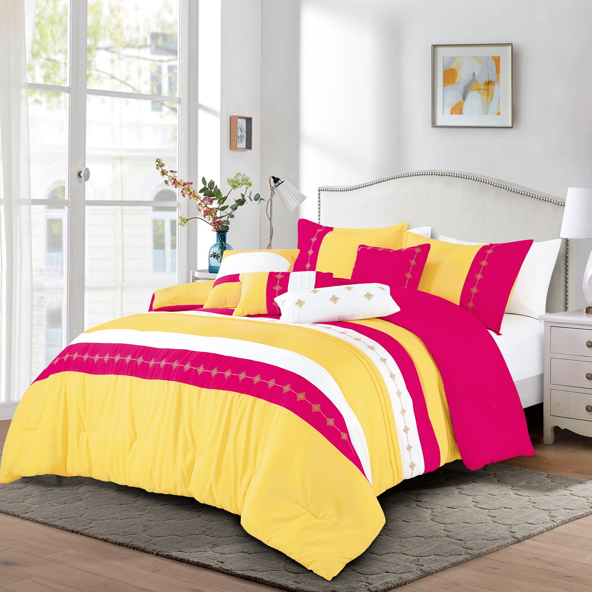 Yellow and Pink Comforter Set - Queen Size ESCA 7-Pieces with Boho Embroidery Bedding Set ...