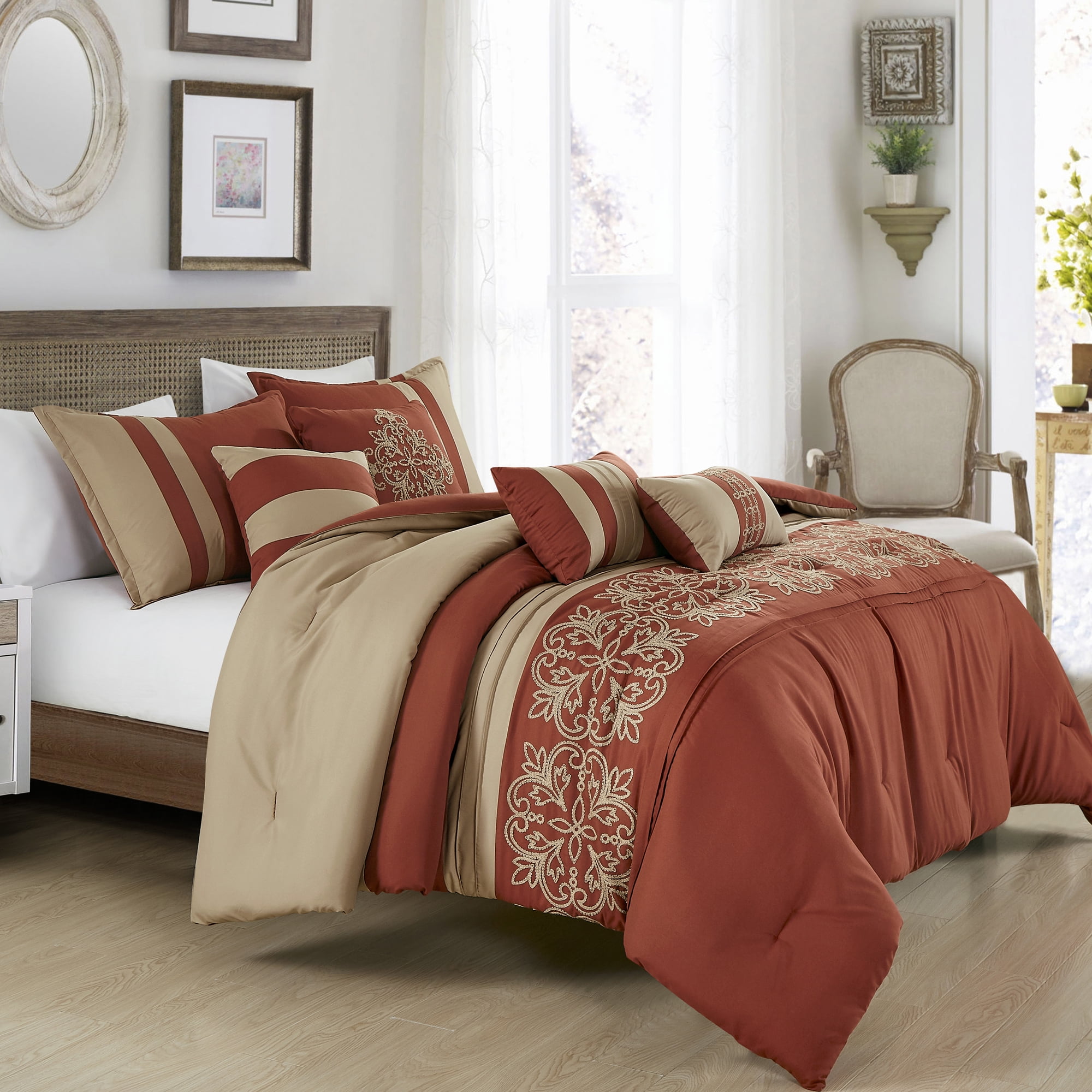 ESCA 7-Piece Yovela Beige & Spice Comforter Set - Queen Size - Walmart.com
