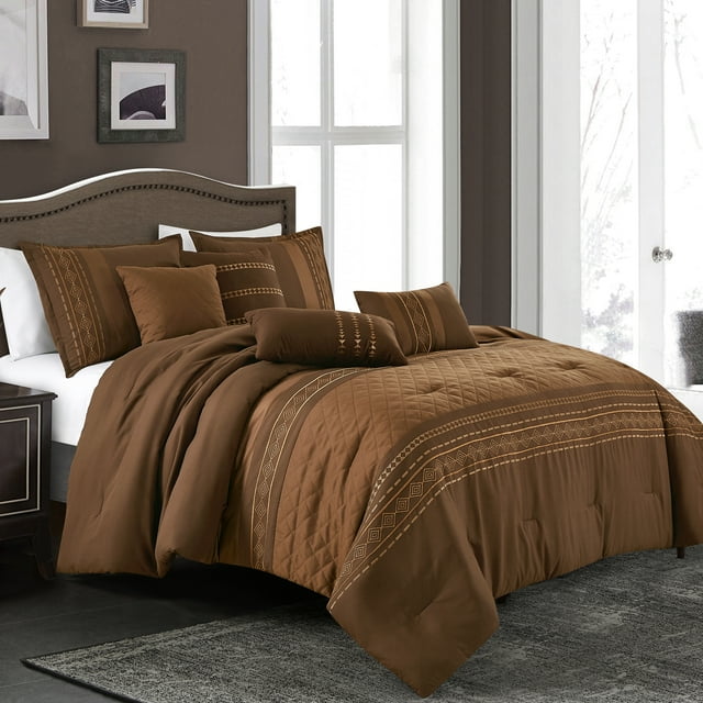 ESCA 7-Pieces Brown Comforter Set, Boho Chic Embroidered Bedding Set - King/Cal King Size ...