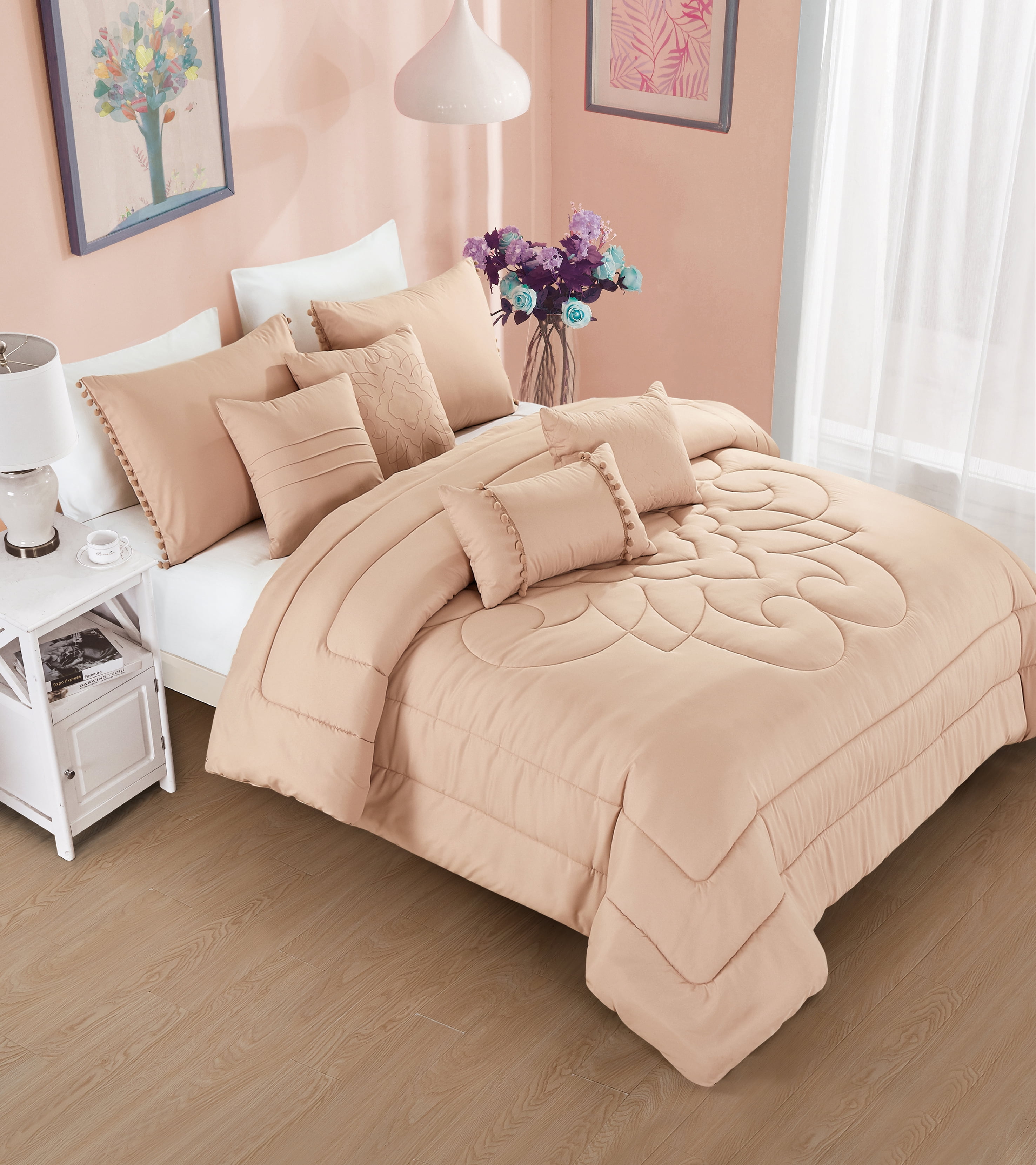 ESCA Bed in a Bag 9-Piece Jovana Blush Pink Quilted Comforter & Sheet ...
