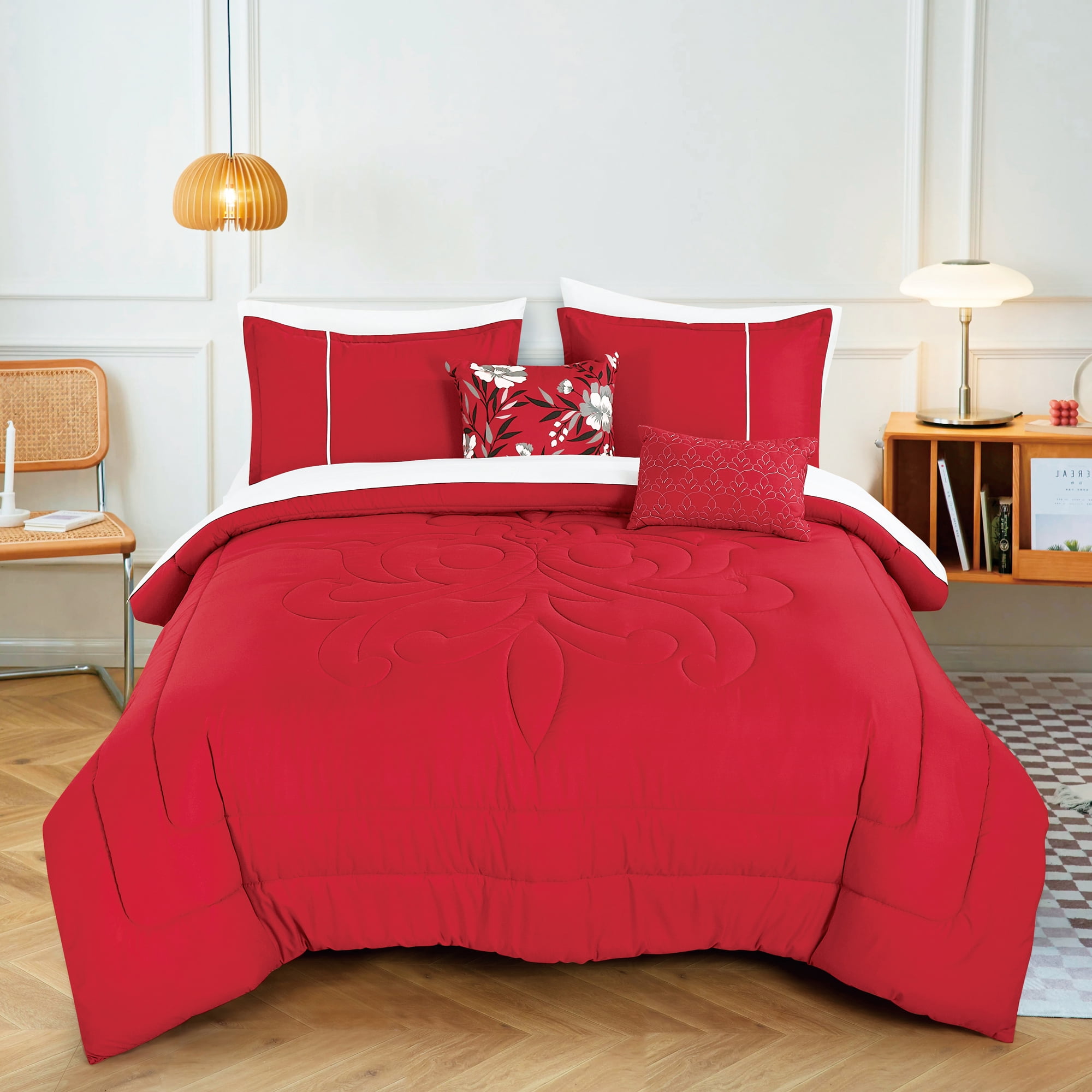 ESCA Bed in a Bag 9-Piece Qubilah Red Floral Quilted Comforter & Sheet ...