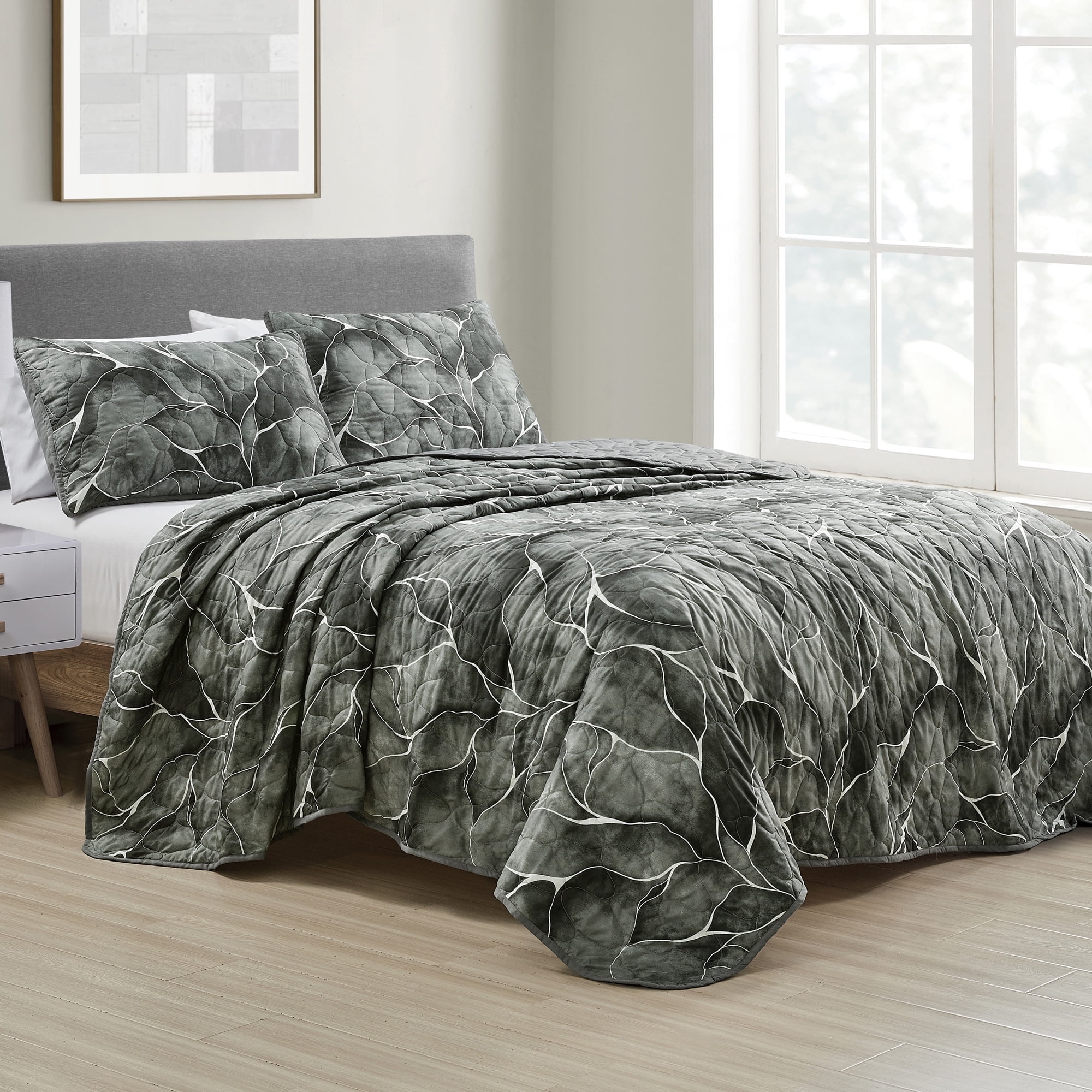 ESCA Abstract Dark Grey Bedspread with 2 Pillow Shams - Full/Queen Size ...