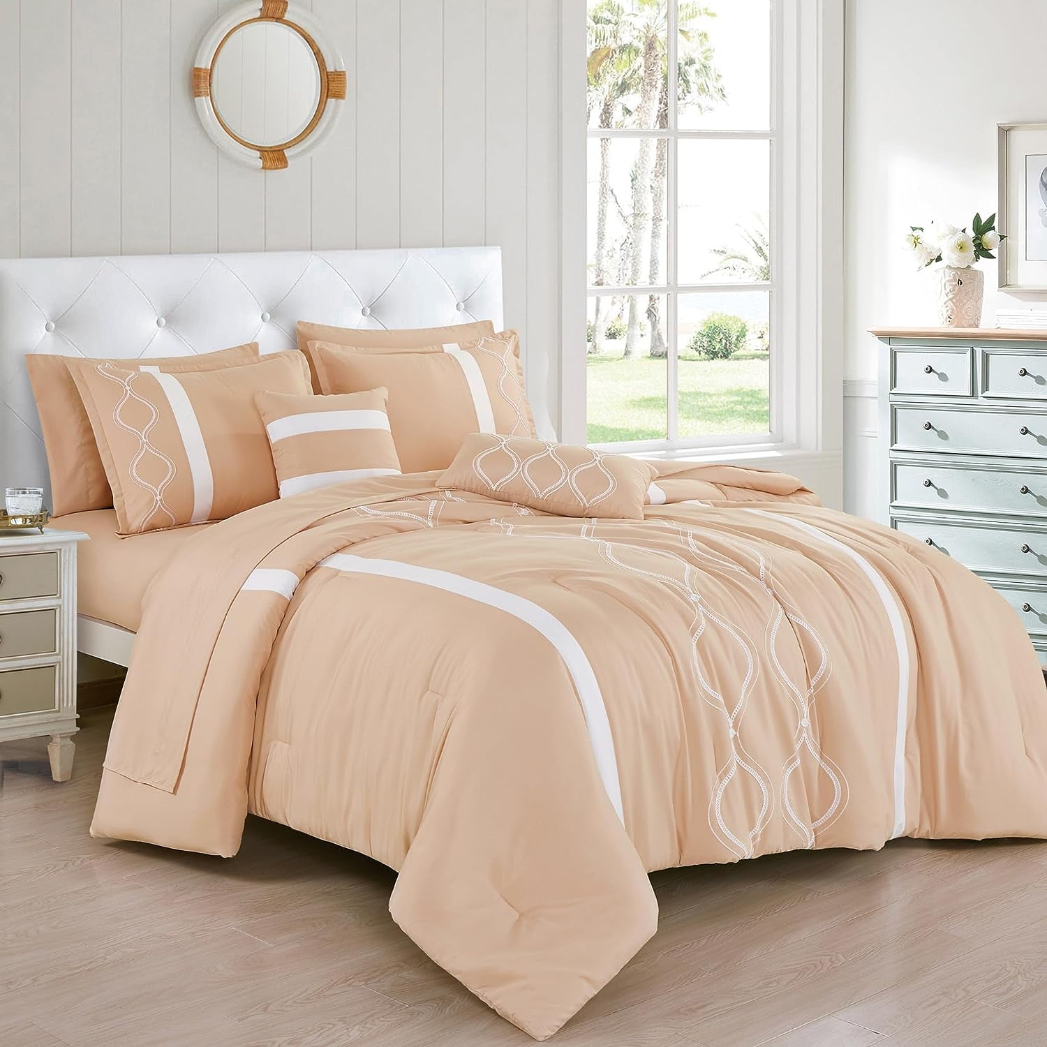 ESCA Bed-in-a-Bag 9-Piece Kineta Peach Embroidery Comforter & Sheet Set ...