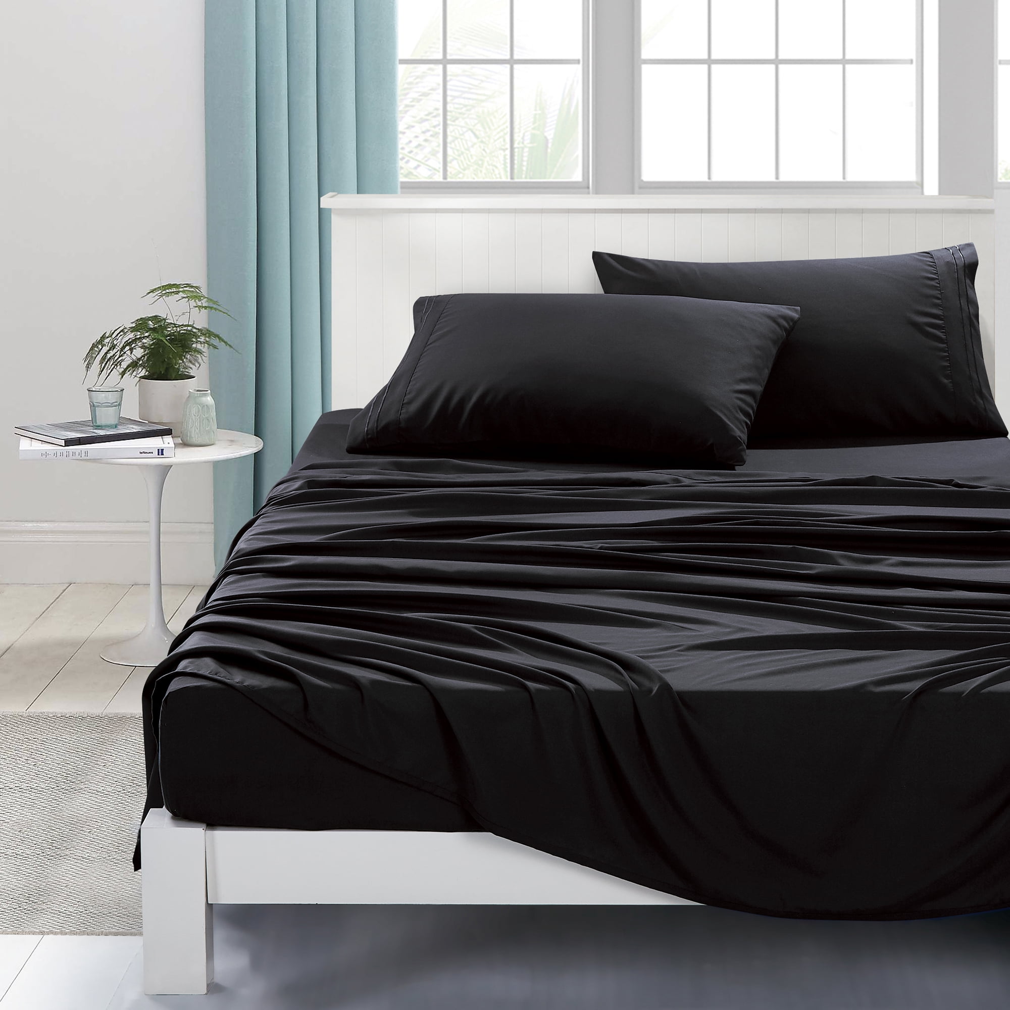 ESCA Black Bed Sheets Set - OEKO-TEX Certified, 4-Piece Set (Flat Sheet ...
