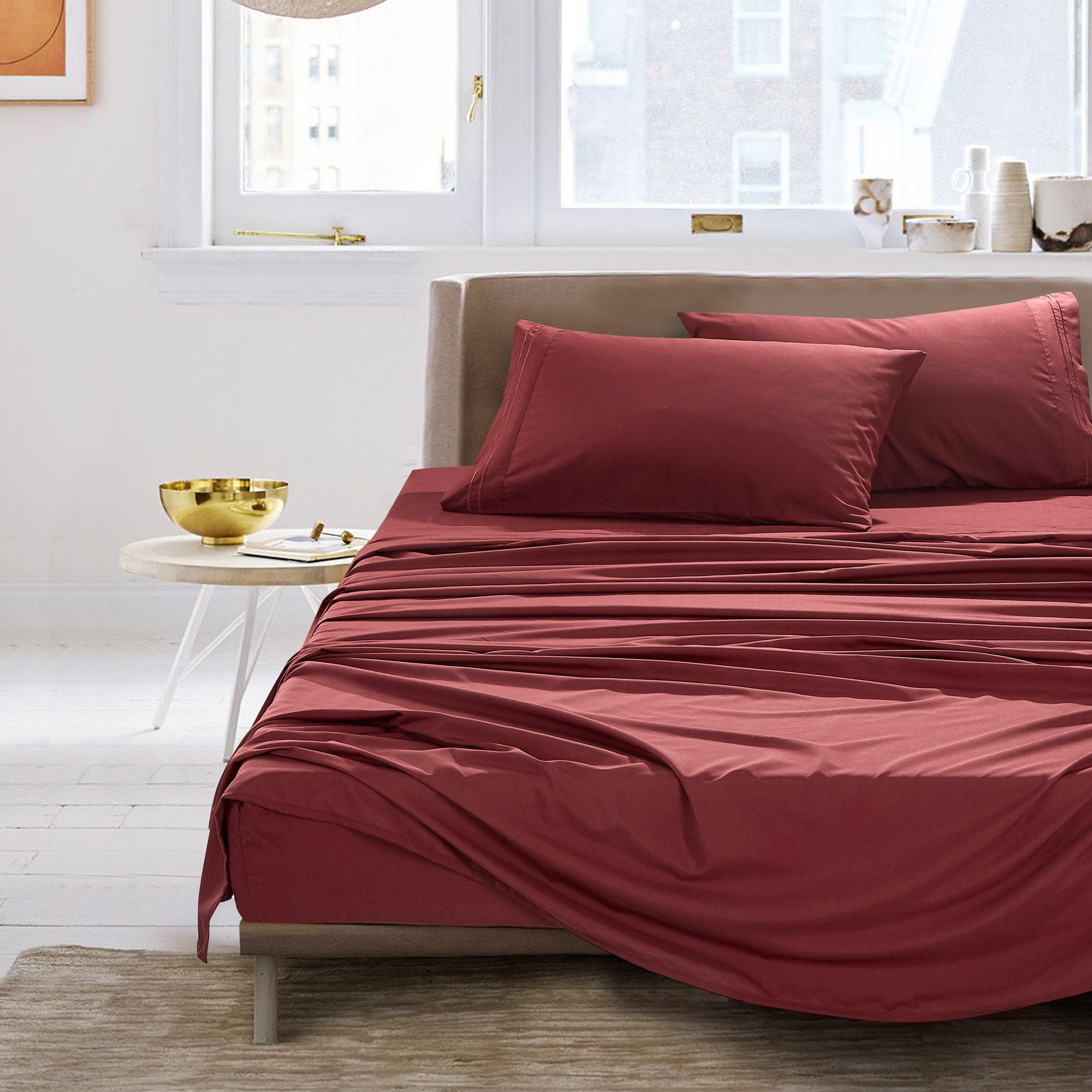 ESCA Burgundy Bed Sheets Set - OEKO-TEX Certified, 4-Piece Set (Flat ...