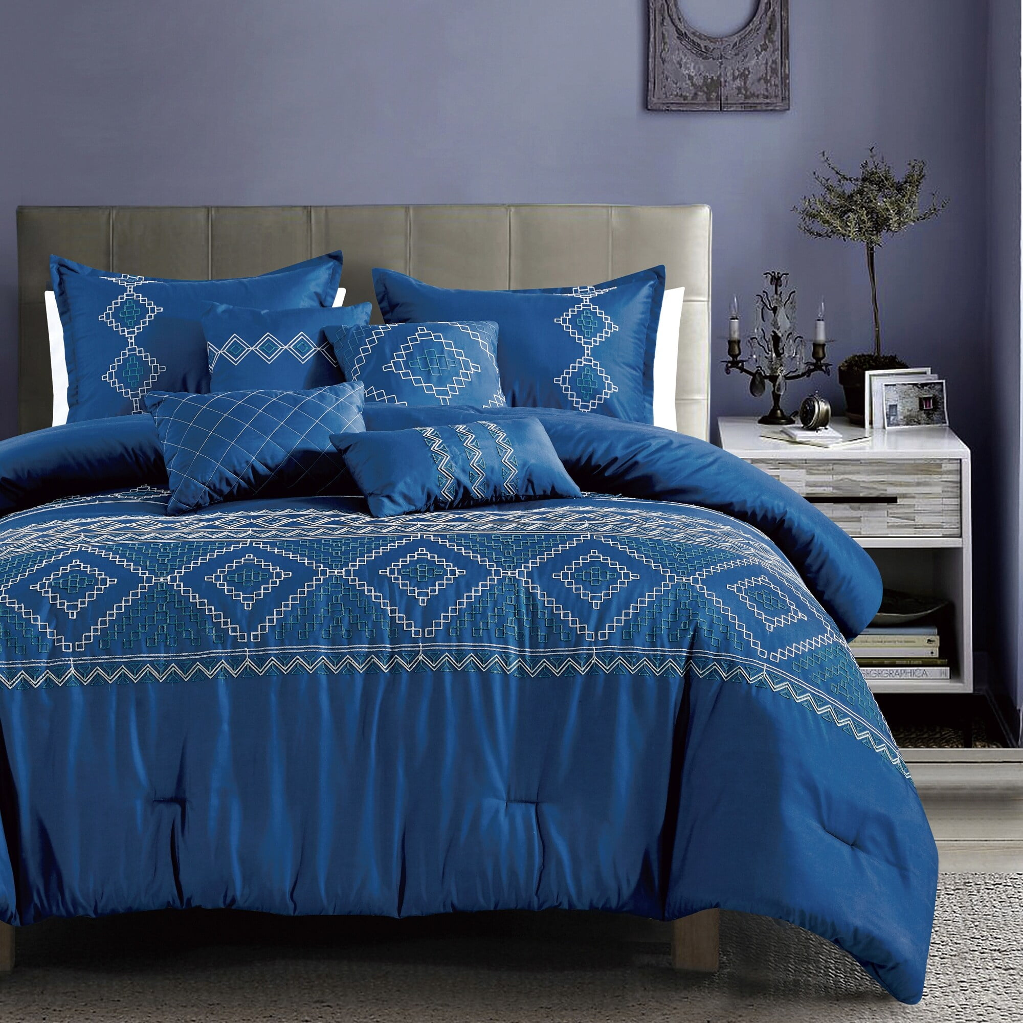 ESCA J22363VQ Queen Size Eshey Luxury Comforter Set, Blue - 7 Piece ...