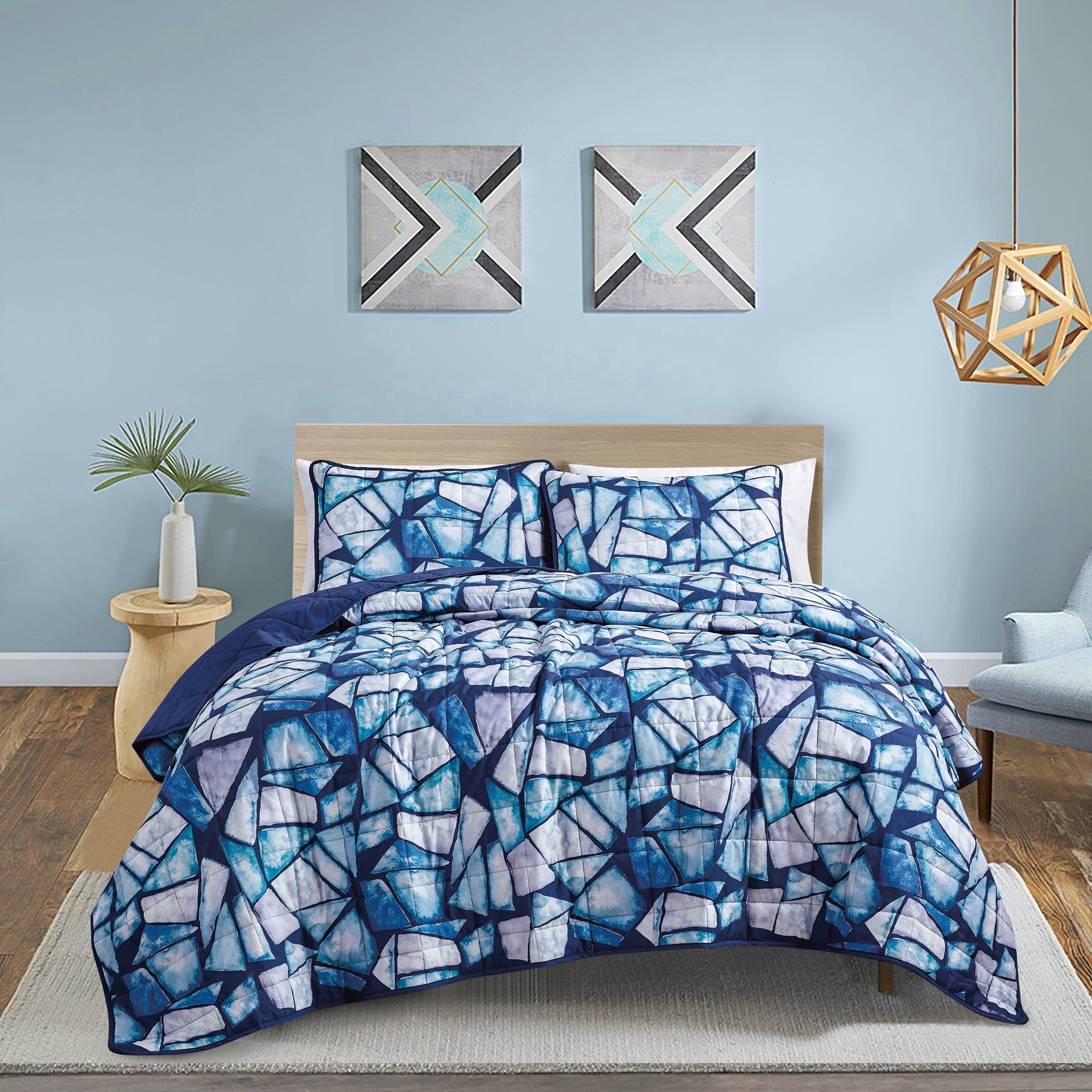 ESCA Modern 3-Piece Blue Lorin Cobblestone Quilt Bedding Sets, Cal King ...