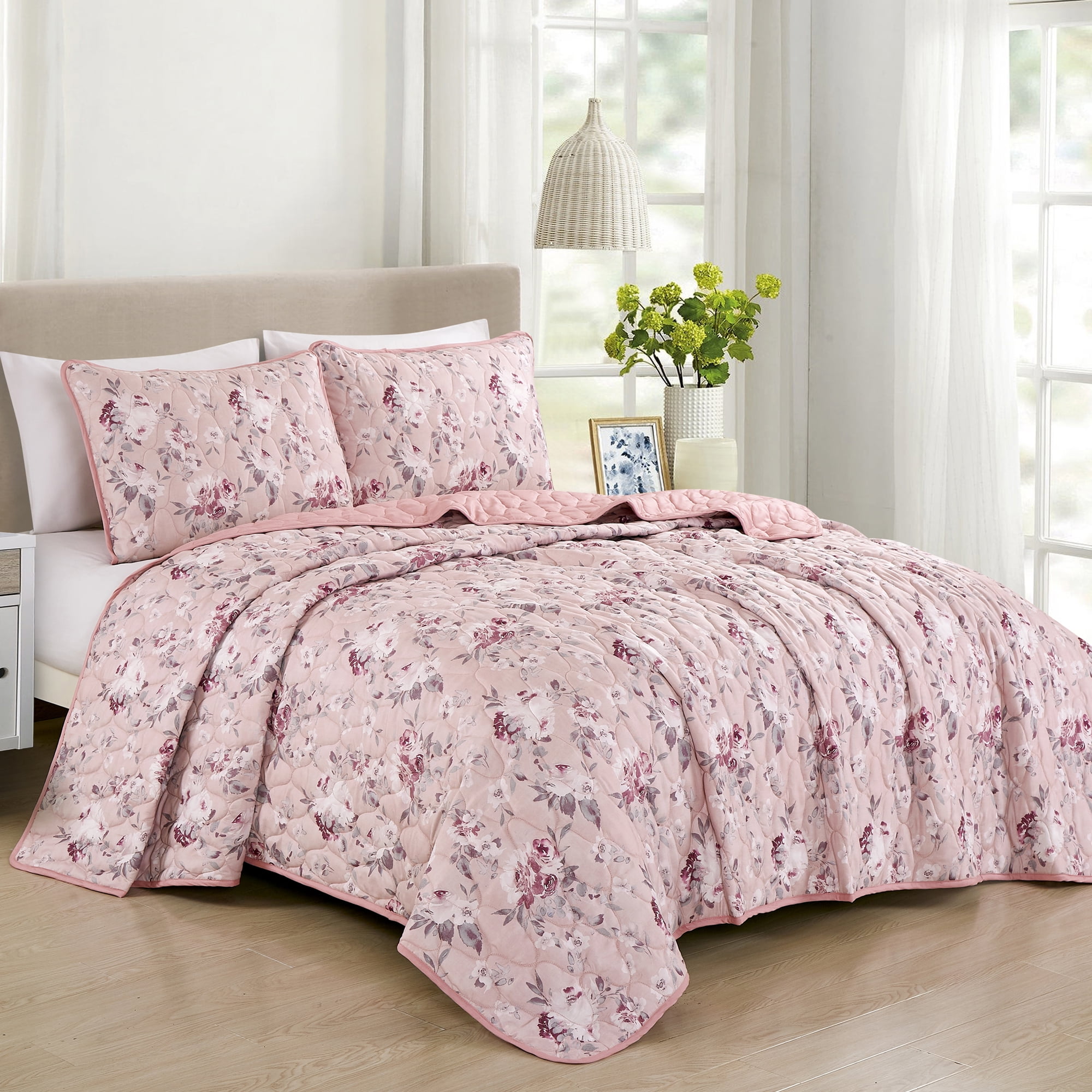ESCA Modern 3-Piece Pink Floral Quilt Bedding Sets, King - Walmart.com