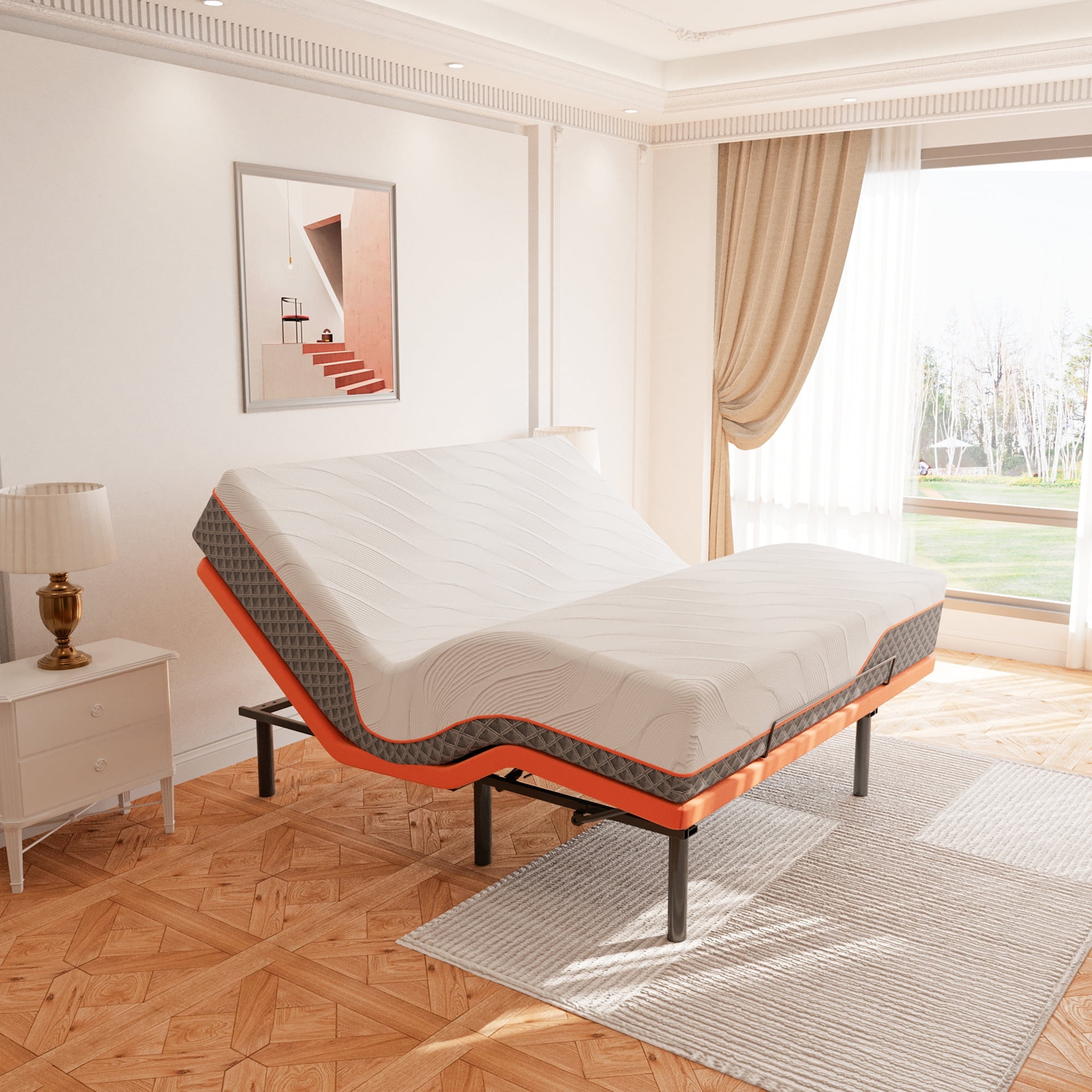 ESHINE Adjustable Bed Frame King + 12 inch Hybrid Mattress Combo, App & Remote Controlled, Easy ...