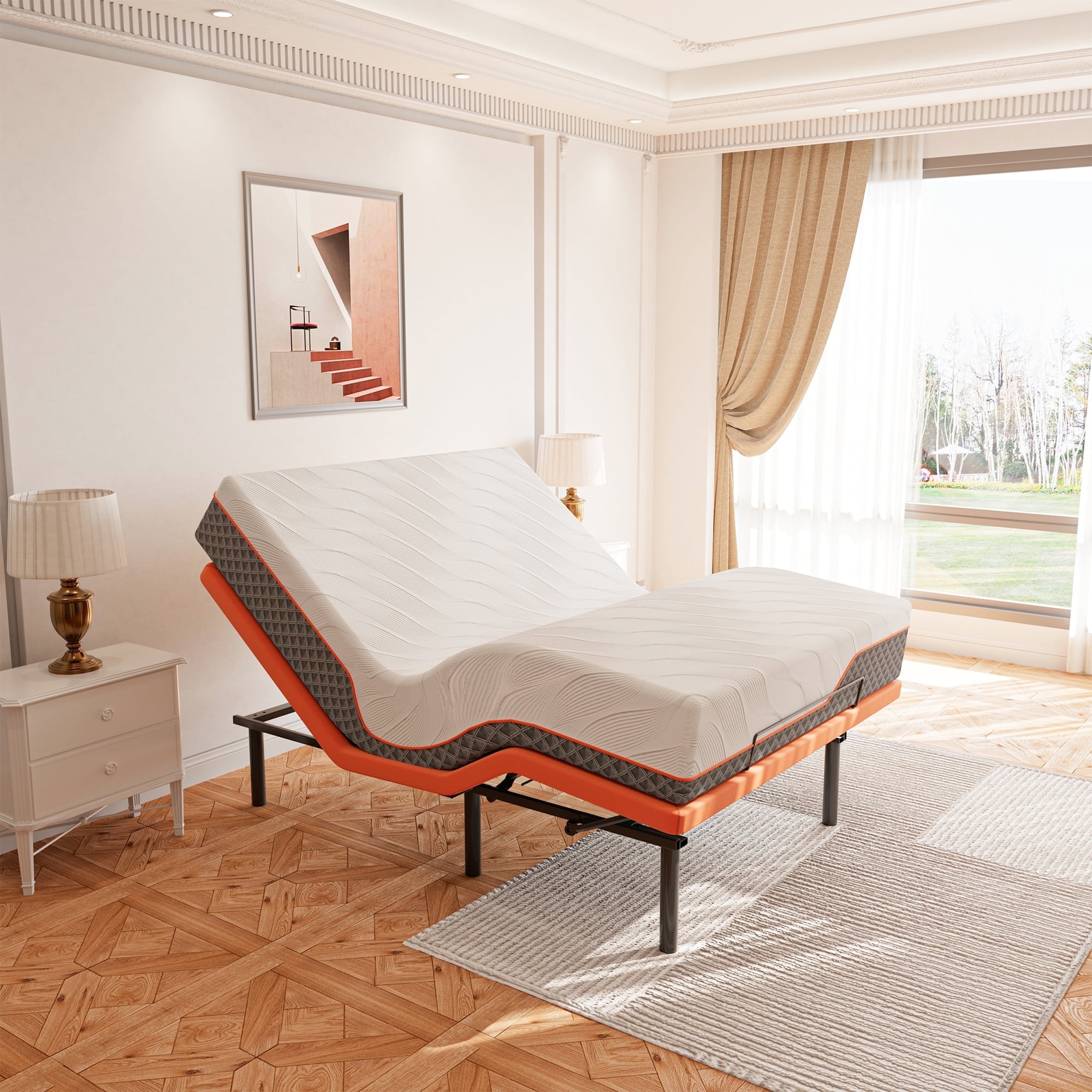 ESHINE Queen Adjustable Bed Frame + 12in Hybrid Foam Mattress Set ...