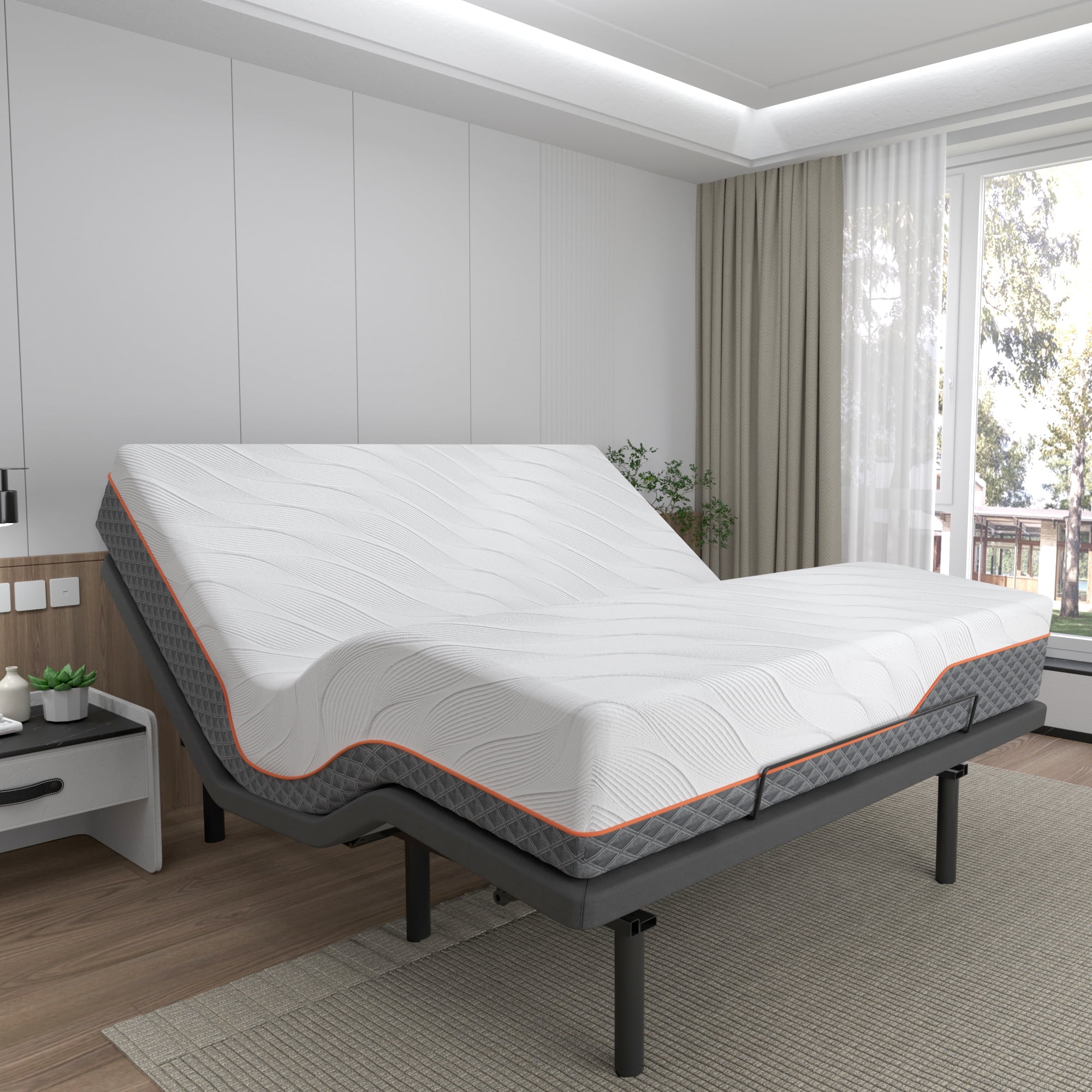 ESHINE King Adjustable Bed Frame & 12in Hybrid Foam Mattress with ...