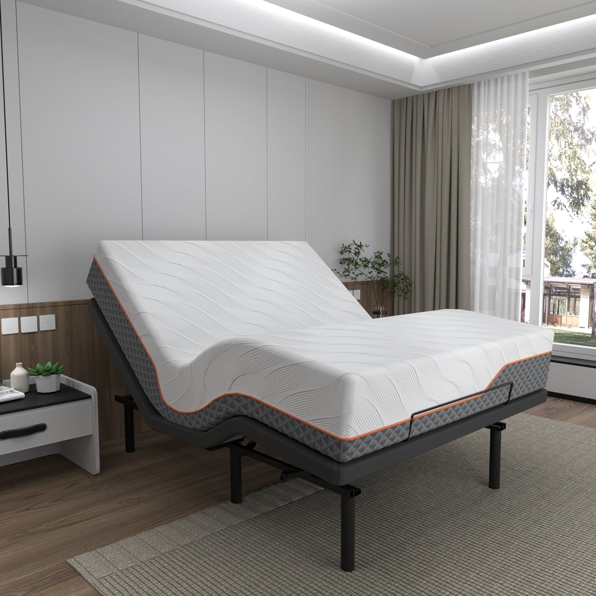 ESHINE Queen Adjustable Bed Frame, 12 inch Hybrid Memory Foam Mattress ...