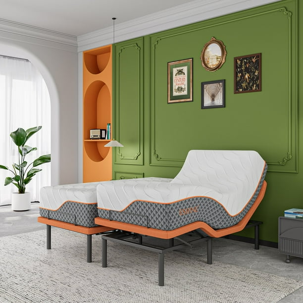 Eshine Split King Adjustable Bed Frames Base 12 Hybrid Mattress with Massage Pillow Tilt Zero Gravity Dual USB Port Under Bed Light Wireless