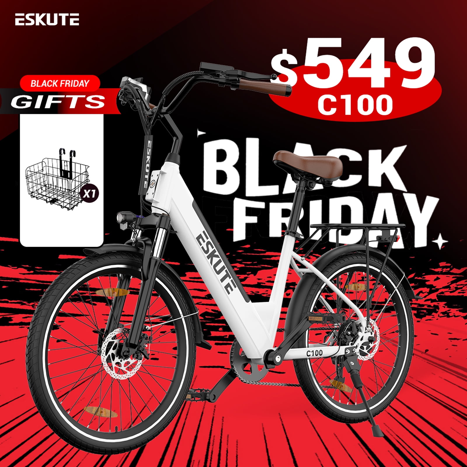 ESKUTE C100 Electric Bike+Collapsible basket, 350W Brushless Motor, 36V 10.4Ah Wh Removable ...