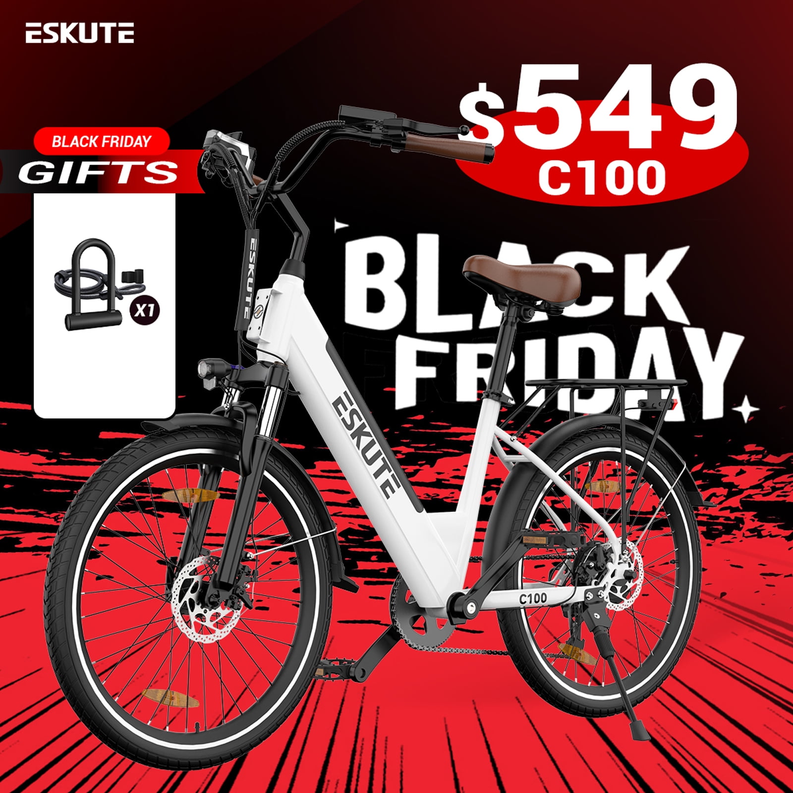 ESKUTE C100 Electric Bike+U-shaped anti-theft bicycle lock, 350W Brushless Motor, 36V 10.4Ah Wh ...