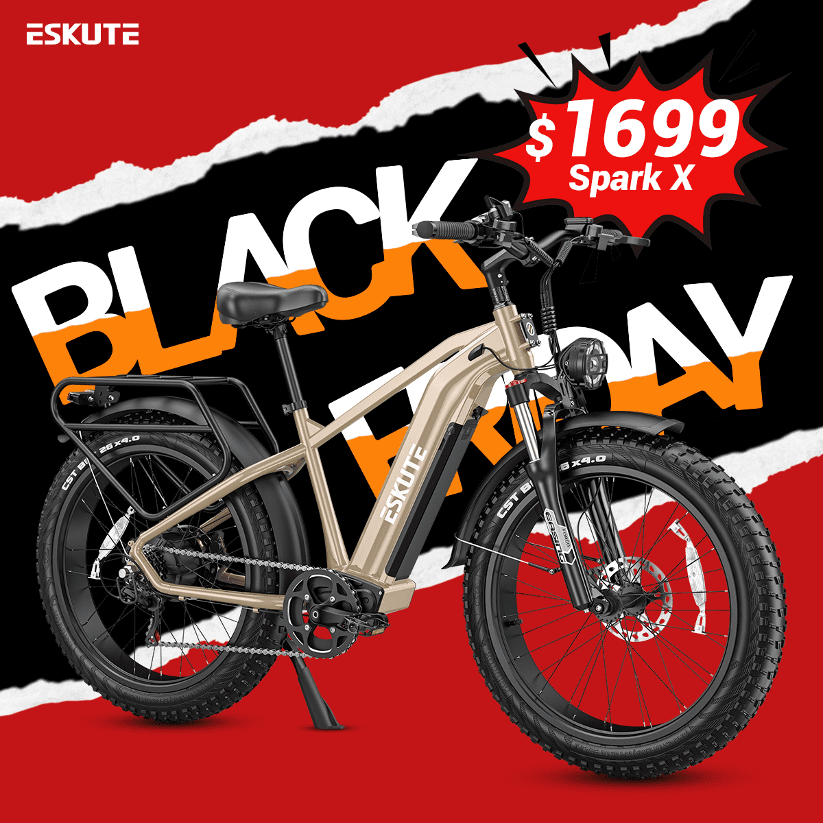 ESKUTE Spark X Electric Bike, 26" x 4.0 Fat Tires, 48V 750W Hub Motor ...