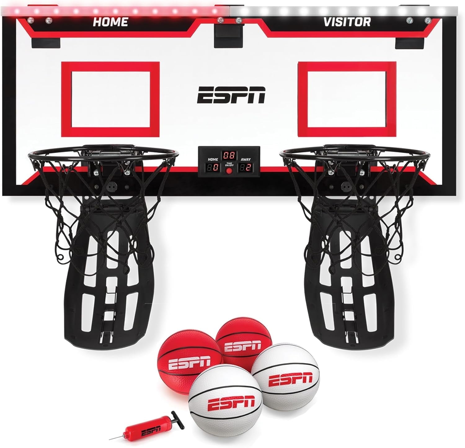 ESPN 2-Player Pro Dual Hoop with LED Scoreboard, Return Ramps, 4 Mini ...