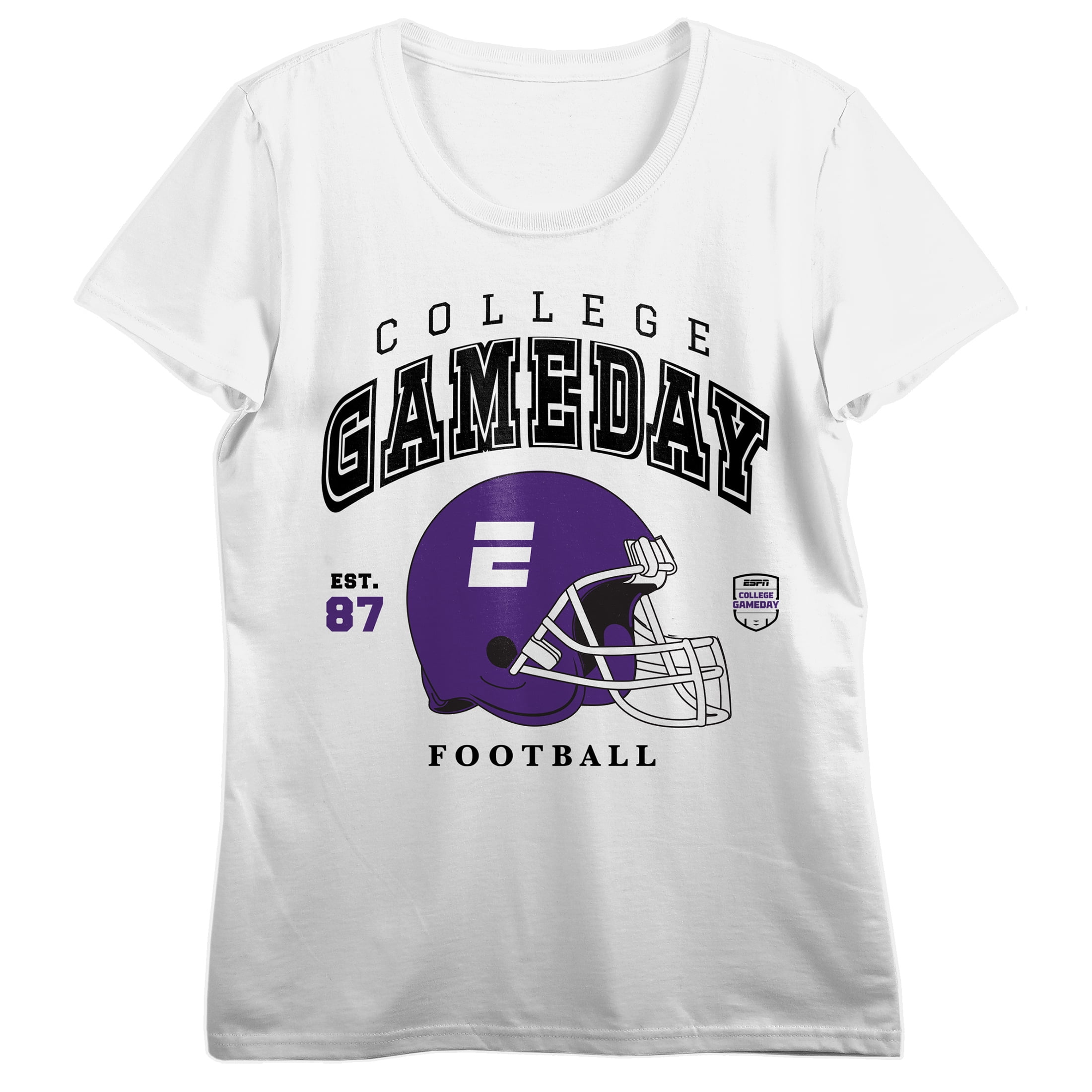 ESPN Purple Football Helmet College Gameday Est. 87 Women’s White Crew ...