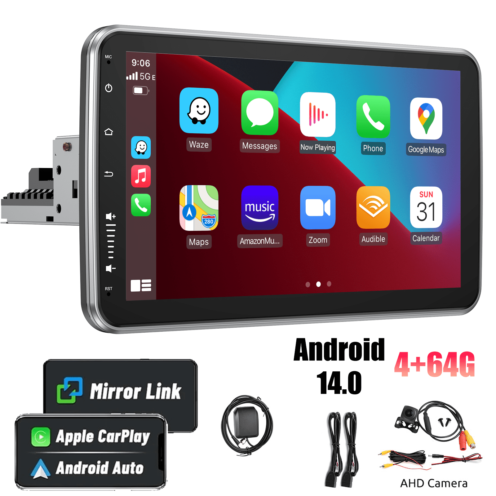 ESSGOO 10.1" Wireless Carplay and Android Auto,4+64GB 1080P Mirror Link ...