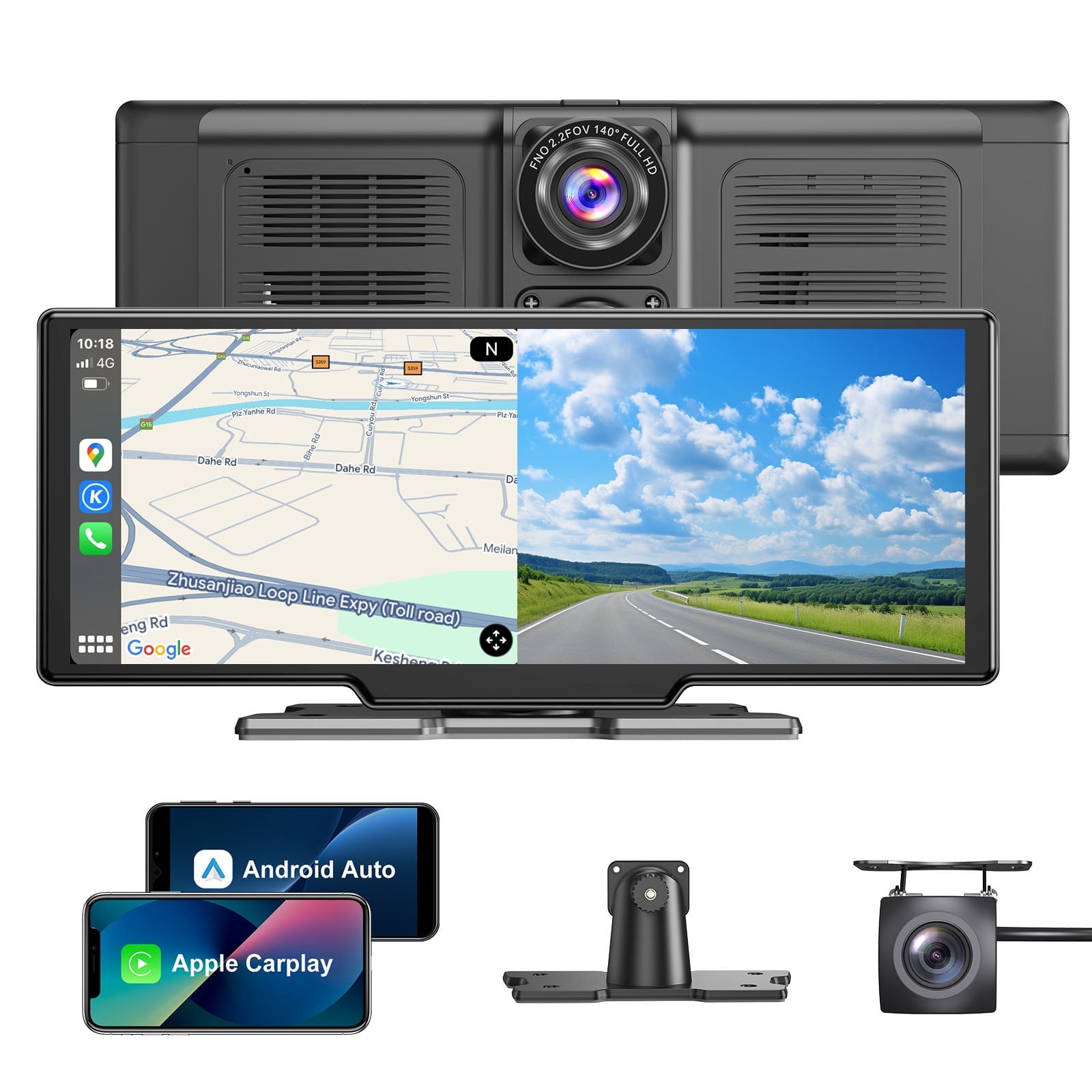 ESSGOO 10.26" Wireless Dash Cam with Apple CarPlay & Android Auto, 4K ...