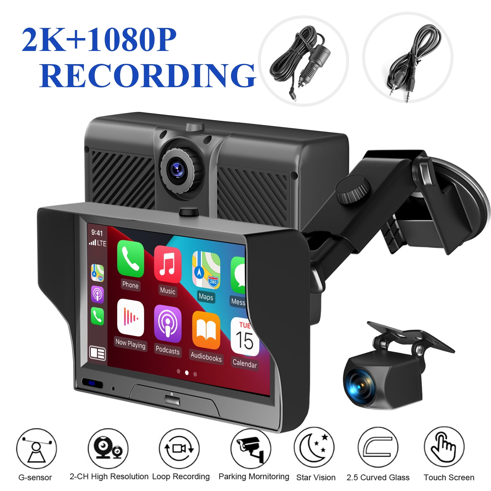 ESSGOO 2.5K Touchscreen Wireless Apple Carplay with 170° Backup Cam,7 ...