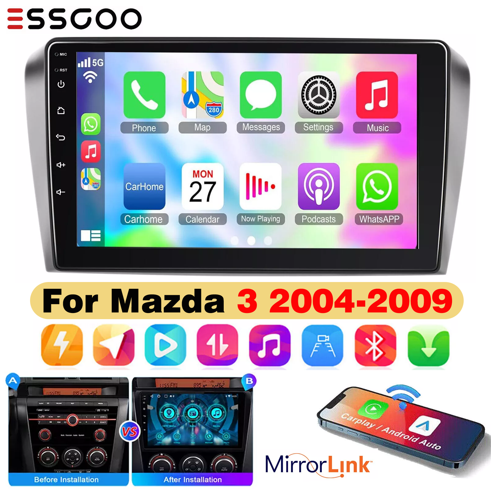 ESSGOO 32GB 9" Car Stereo for Mazda 3 2003-2009 with Wireless Apple ...