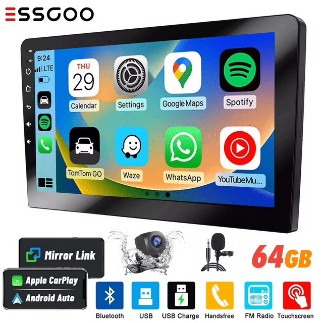ESSGOO 4+64GB Double DIN 9" Wireles Apple Carplay, Android 14.0 Car ...